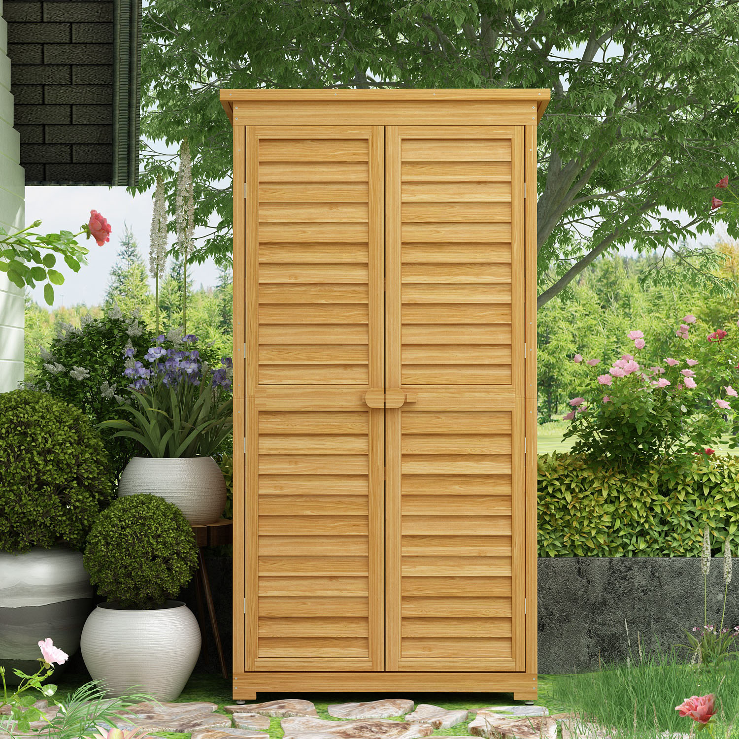 MONSLIPA Wood Garden Tool Shed Lockable Outdoor Storage Cabinet ...