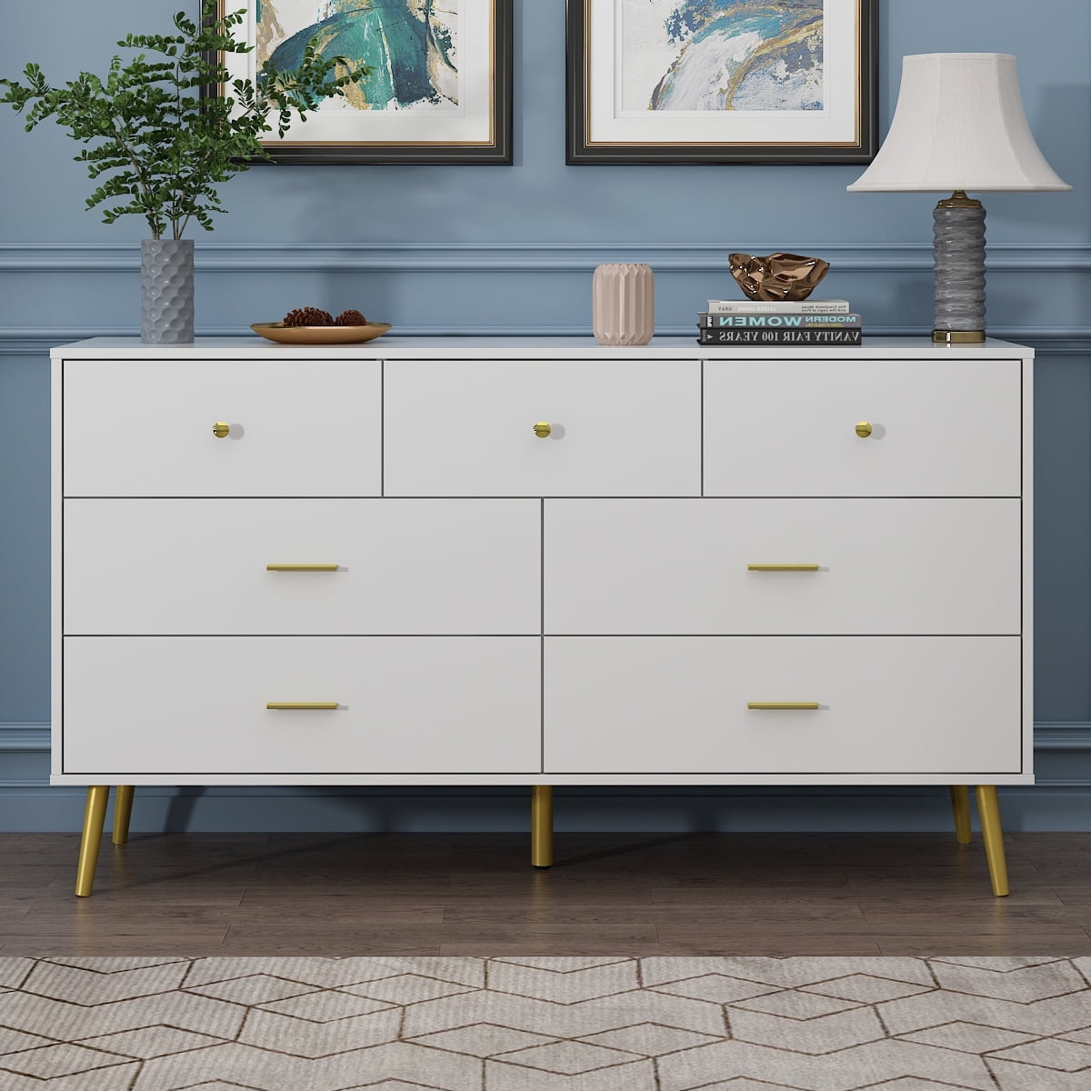 MONSLIPA Big Wooden Dresser with 7 Deep Drawers, Long Horizontal ...