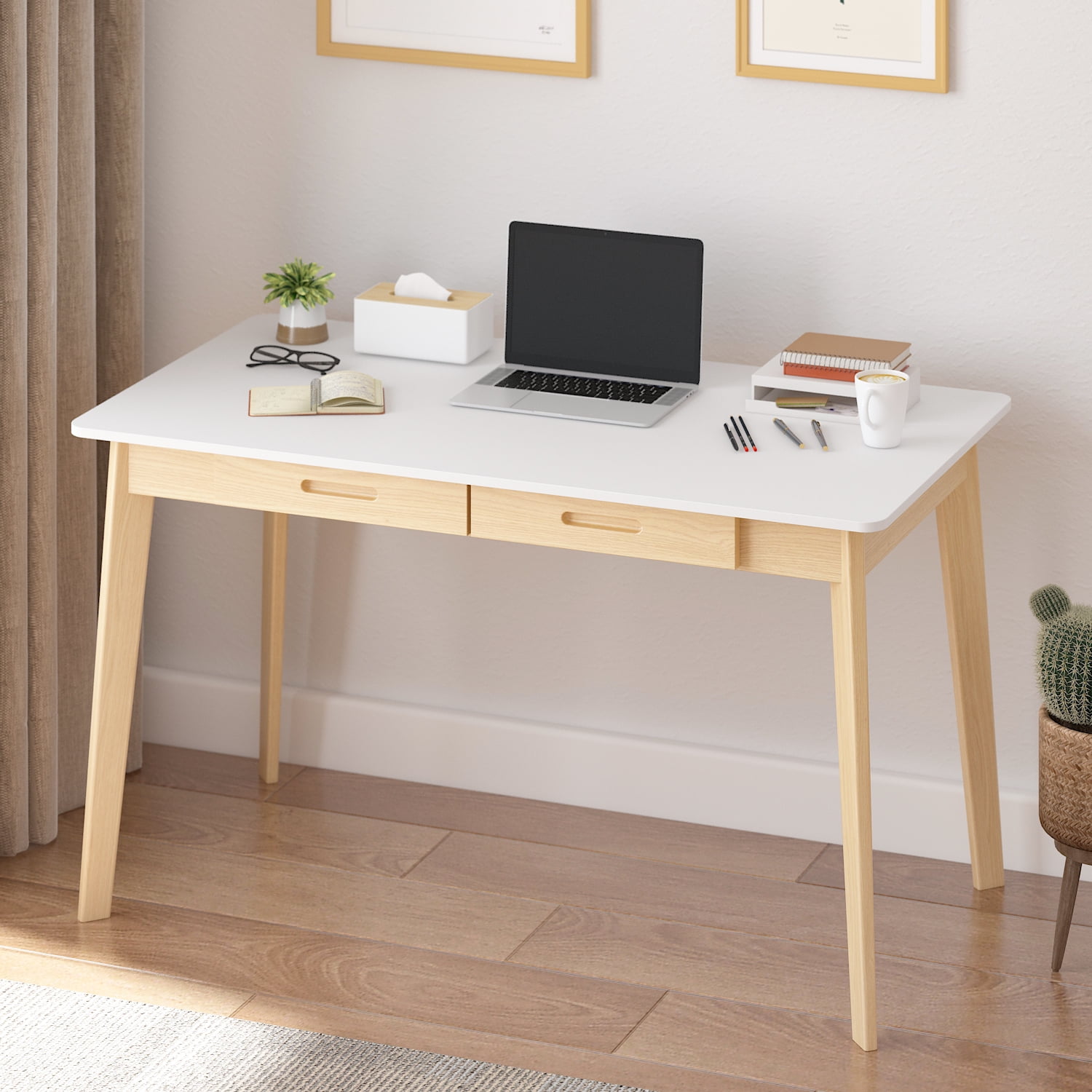 MONSLIPA Writing Study Table with 2 Drawers, Cumputer Desk for Home ...