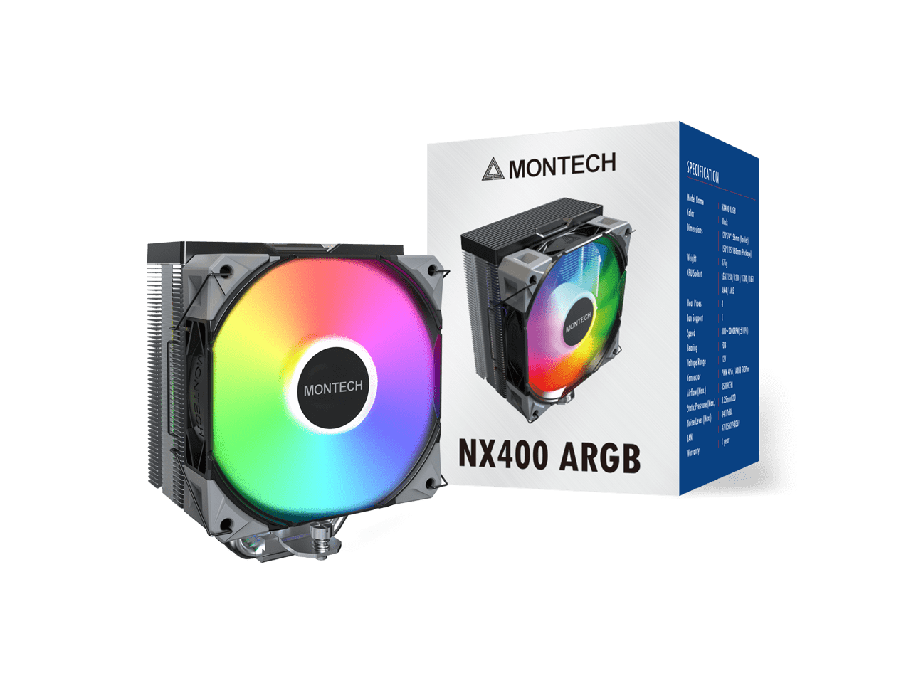 MONTECH NX400 ARGB - CPU Air Cooler, Single Tower, 4 Advanced Heat Pipes, 52-fin Heat Sink, E28 ...