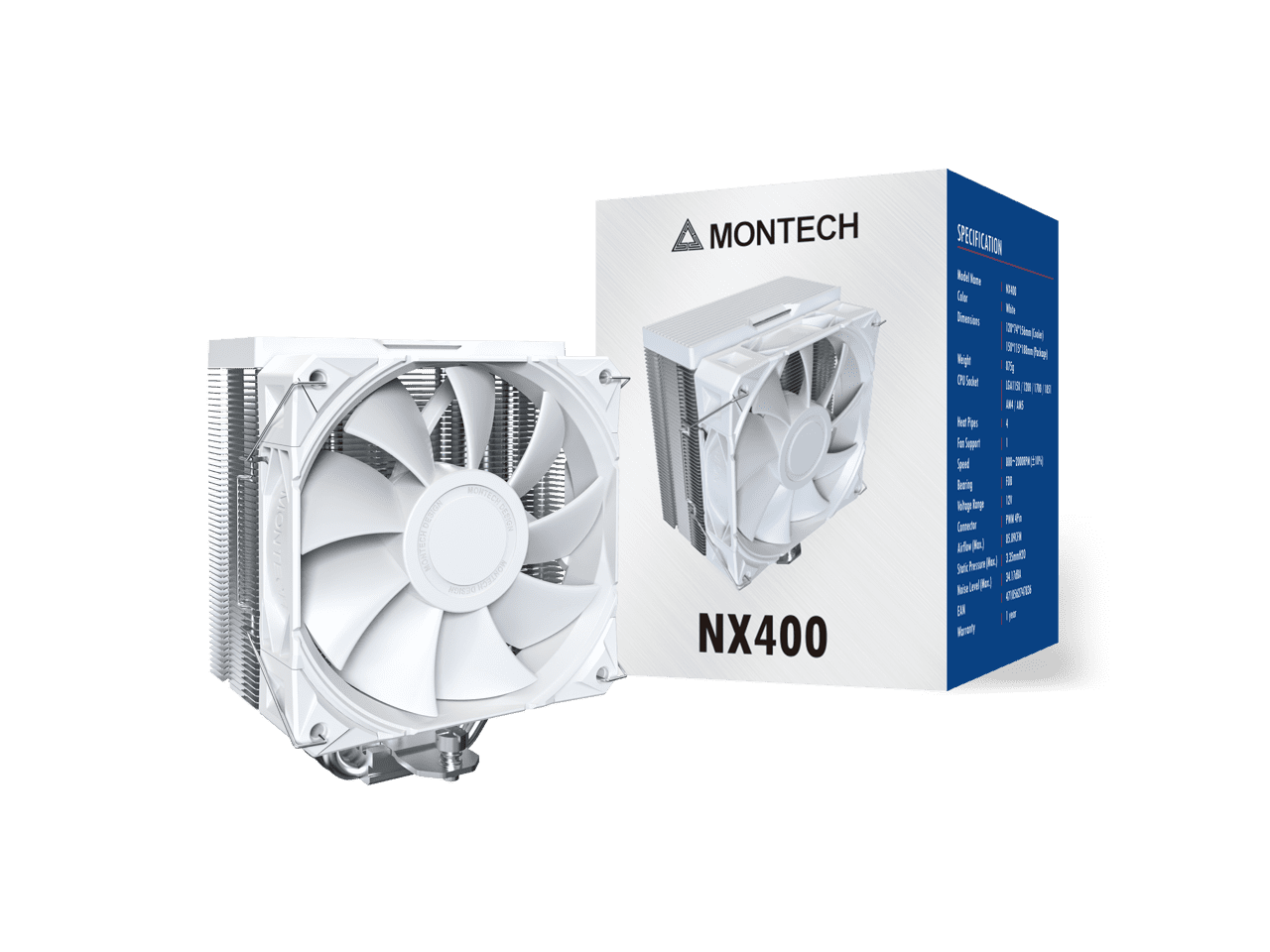 MONTECH NX400 - CPU Air Cooler, Single Tower, 4 Advanced Heat Pipes, 52-fin Heat Sink, E28 ...