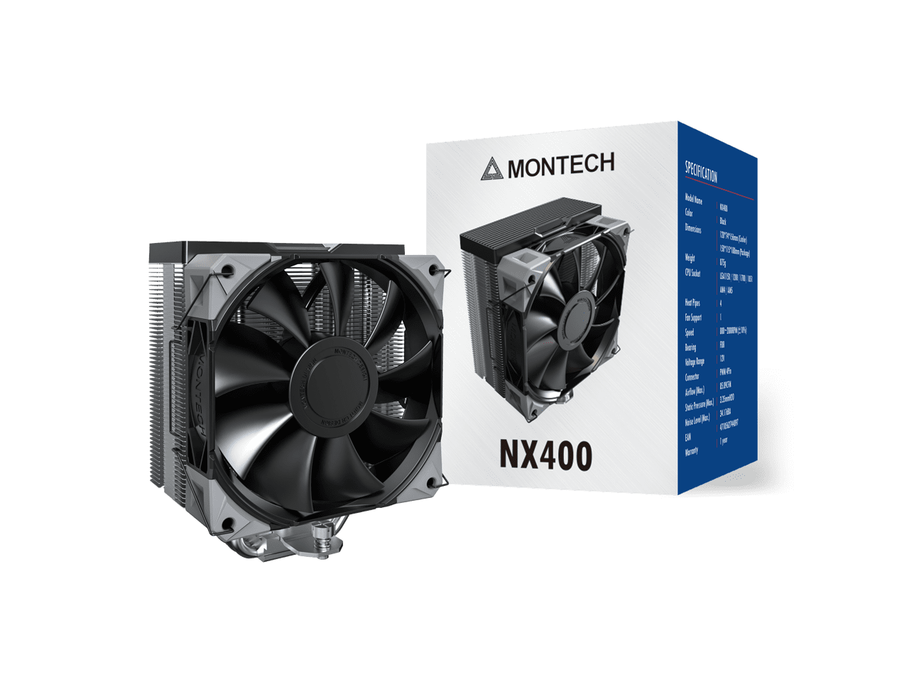 MONTECH NX400 - CPU Air Cooler, Single Tower, 4 Advanced Heat Pipes, 52-fin Heat Sink, E28 ...