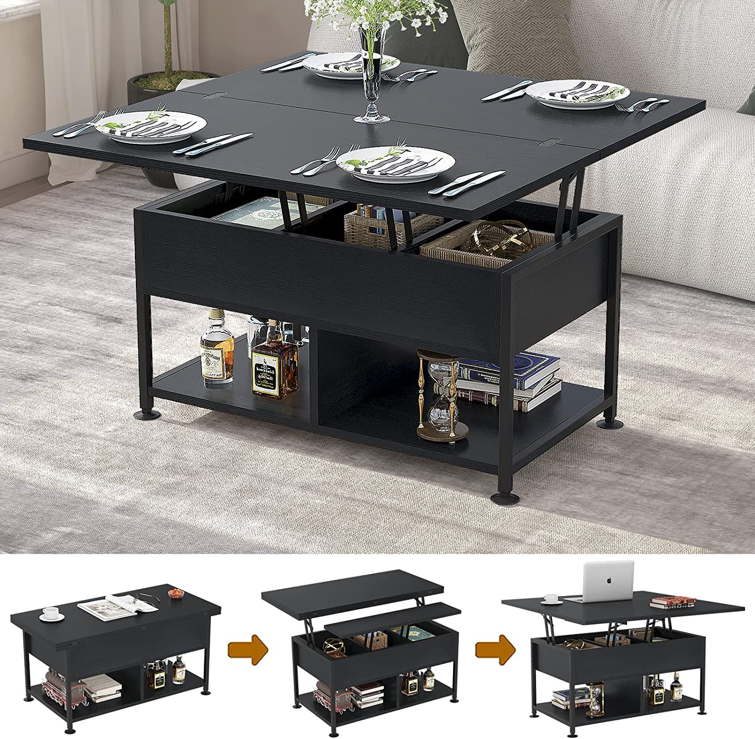 MONVANE 40" Lift Top Coffee Table with Storage for Living Room, Black ...
