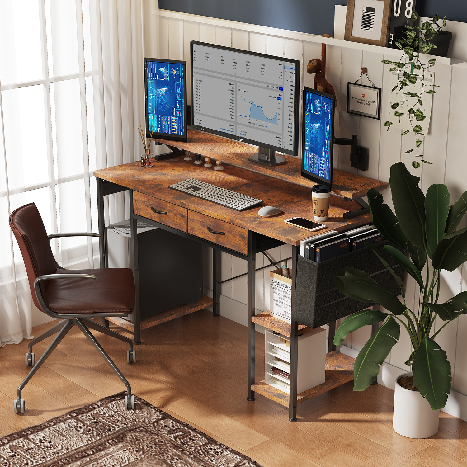 Homfa Writing Desk with Drawers, Wood Computer Desk, Table for Desktop ...