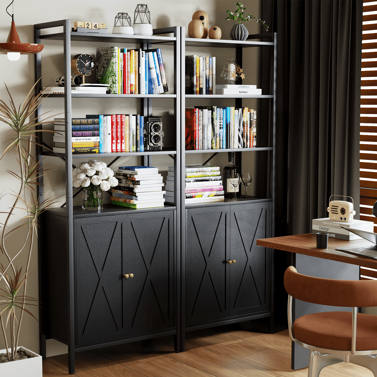 MONVANE Tall Bookcase with Doors and Shelves, 4-Tier Wooden Bookshelf ...
