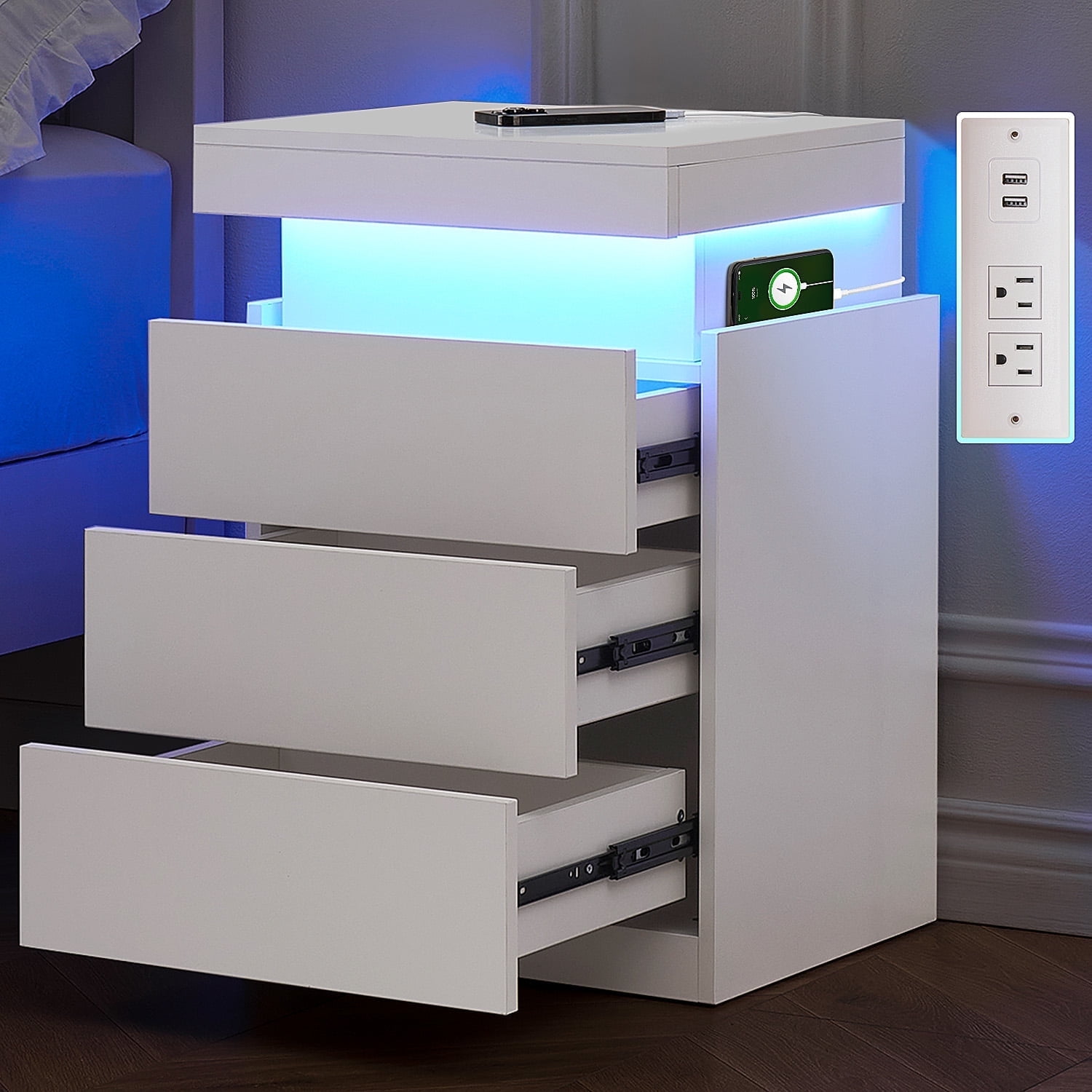 MONVANE Modern LED Nightstand with 3 Drawers , White Nightstand Bedside ...