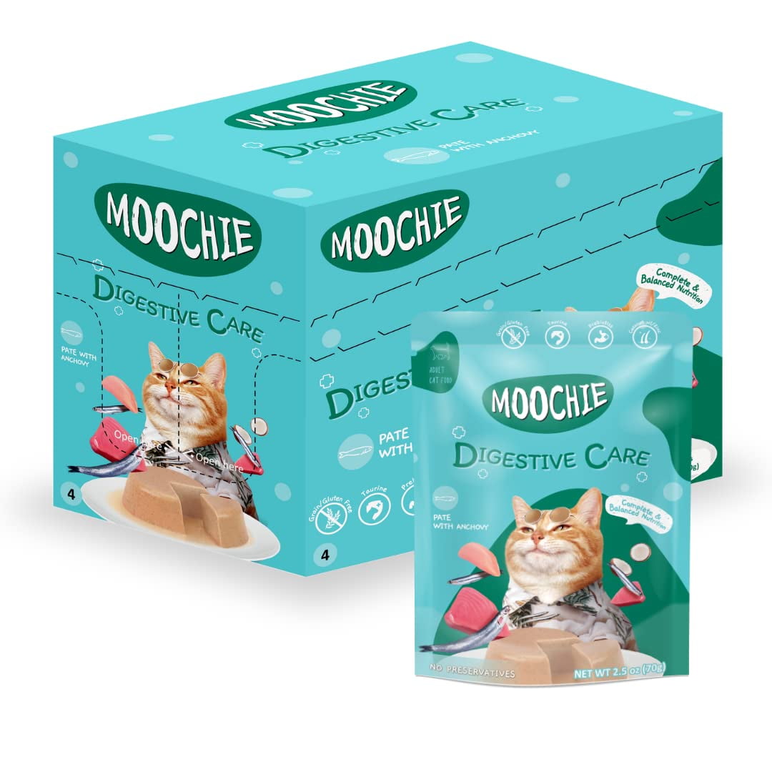 MOOCHIE Grain Free Adult Wet Cat Food - Digestive Care - Anchovy, Chicken, Tuna, Beef Pâté - No ...