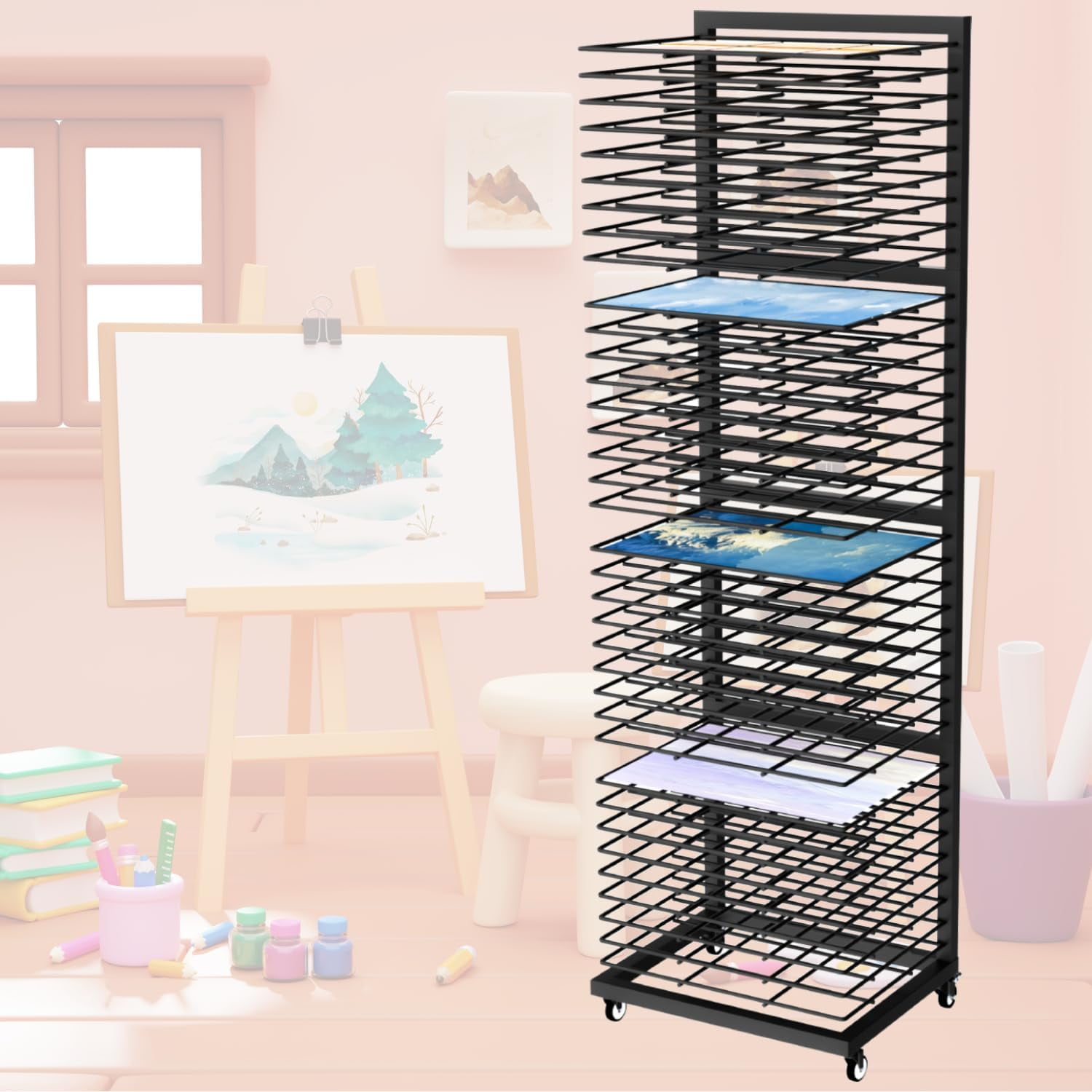 MOOFI Art Drying Rack with 36 Removable Shelves and Lockable Wheels ...