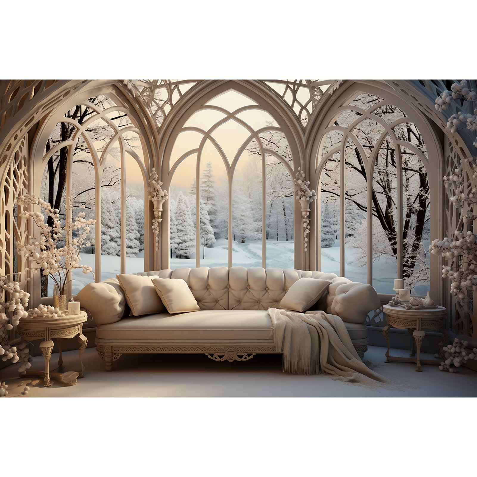 MOON.QG Backdrop Snow Winter Living Room Sofa Flowers Background Arches Castle Window Wall ...