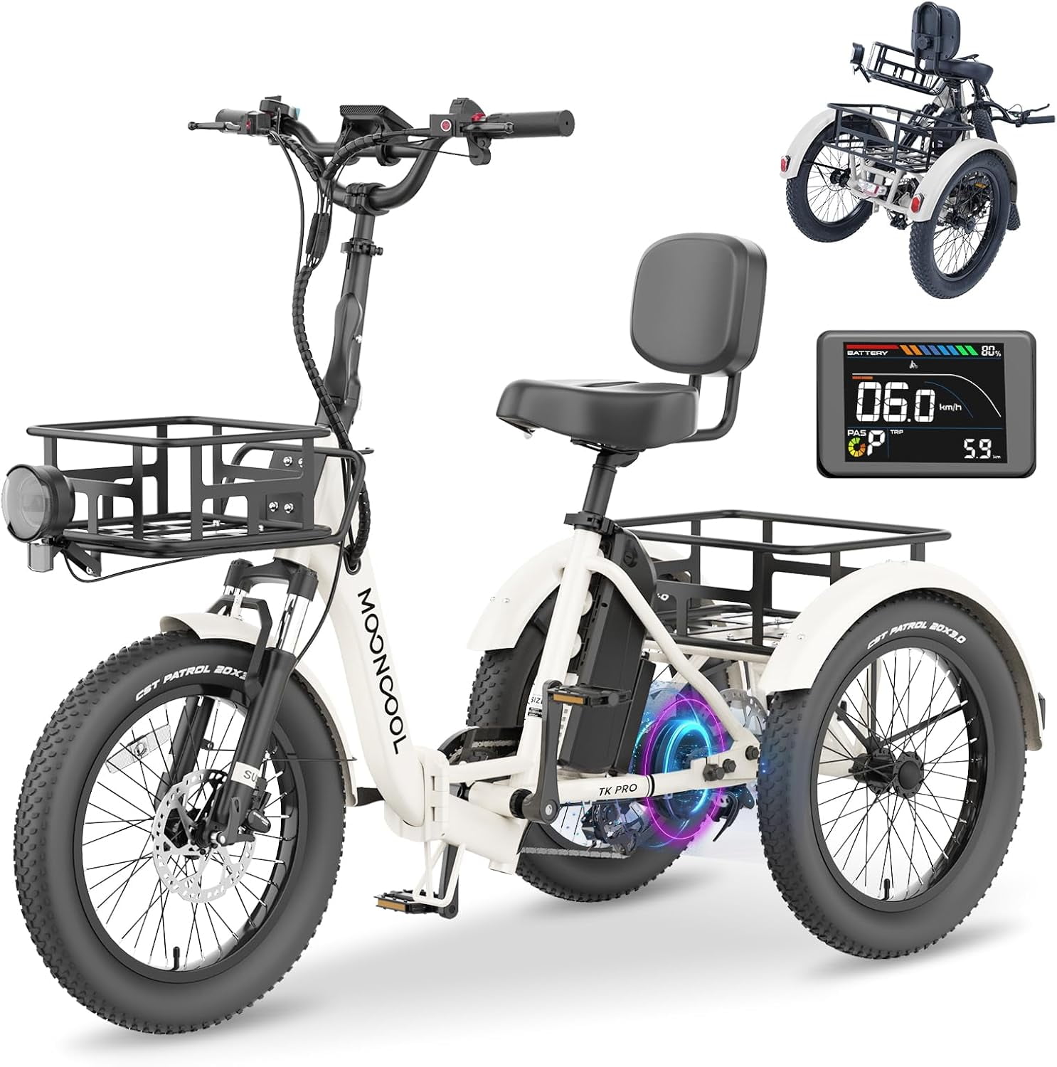 MOONCOOL 20" Fat Tire Folding Electric Tricycle w/ Backrest, 750W Motor 48V 6 Speed, Foldable 3 ...