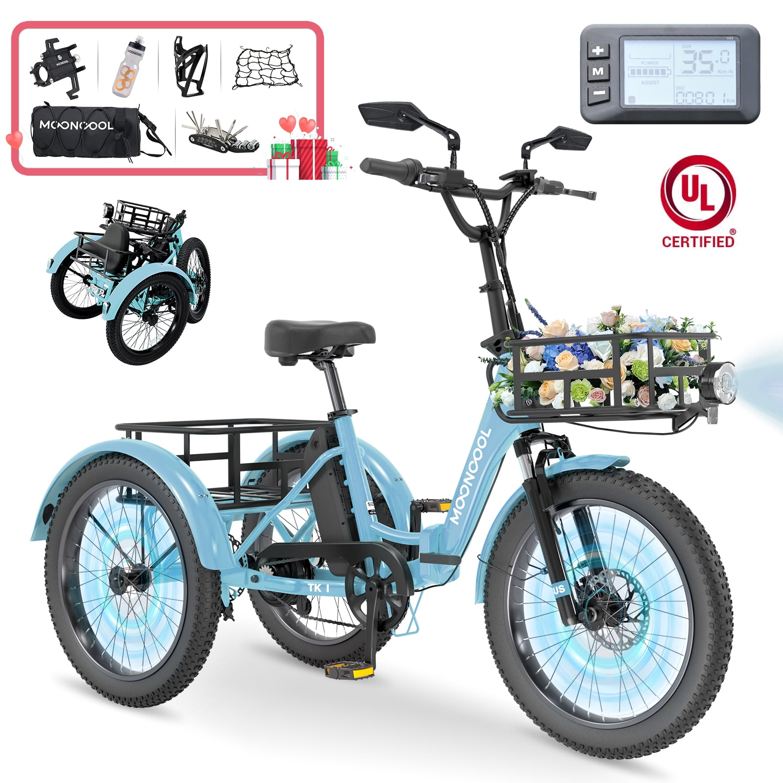 MOONCOOL 20'' Folding 3 Wheel Electric Tricycle for Adults, Foldable ...