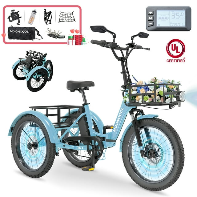 MOONCOOL 20'' Folding 3 Wheel Electric Tricycle for Adults, Foldable 750W 48V Motorized Electric ...