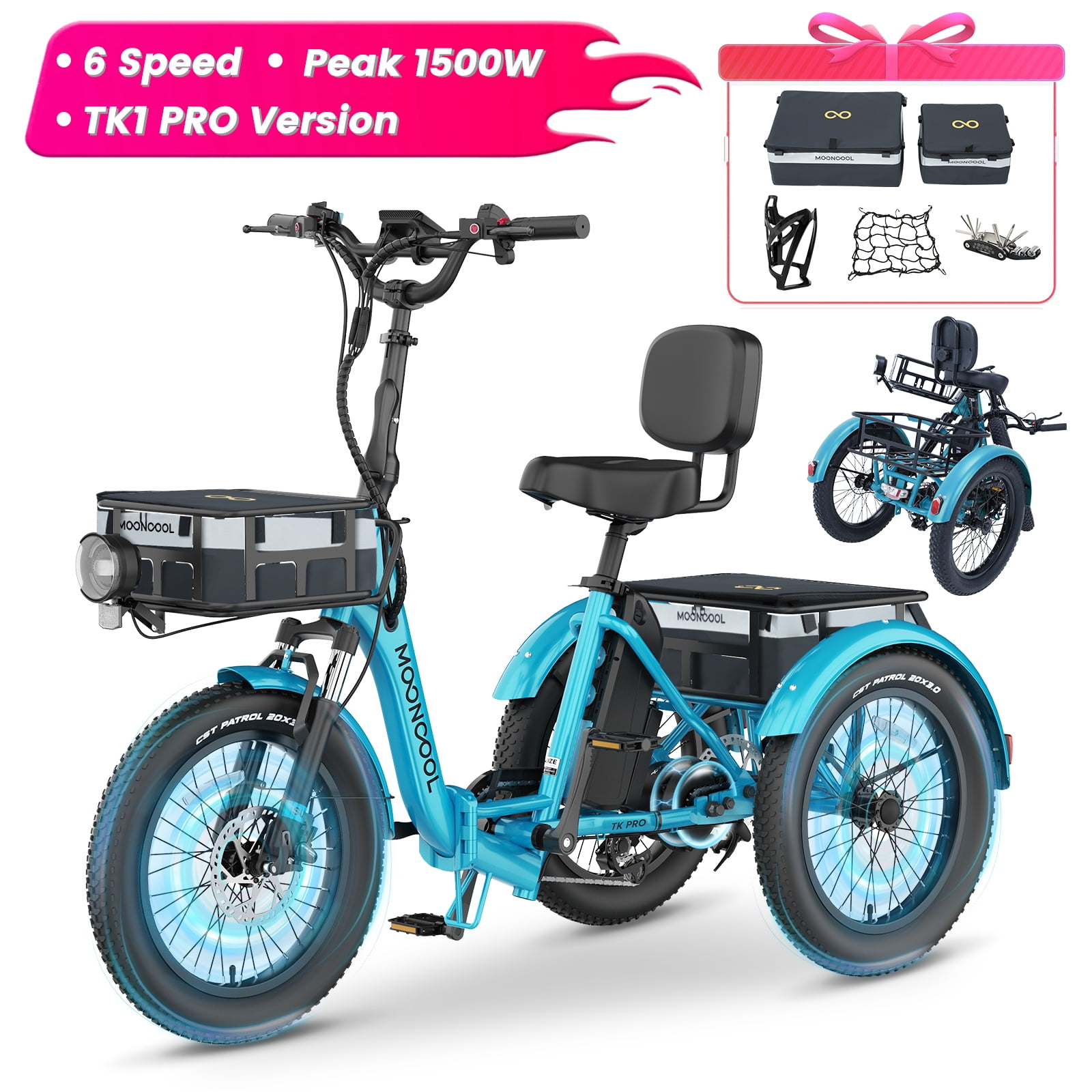 MOONCOOL 20" TK1 PRO Electric Tricycle, Foldable Electric Mountain ...