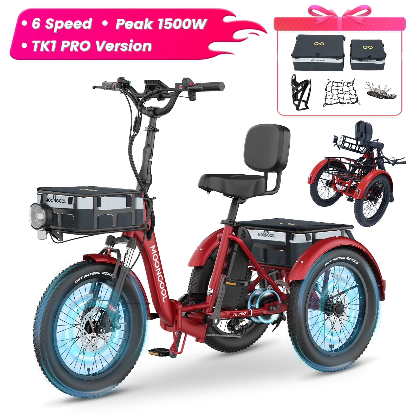 MOONCOOL 20" TK1 PRO Electric Tricycle, Foldable Electric Mountain ...