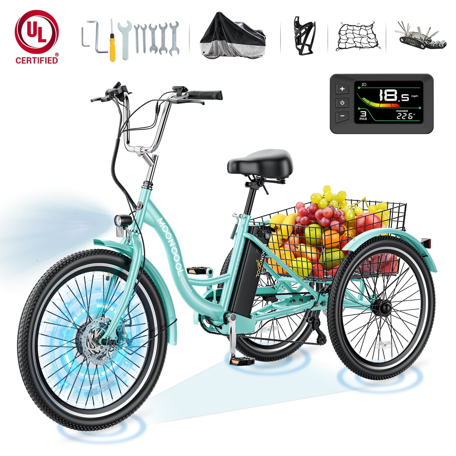 MOONCOOL 24"/26" 350W Motorized Electric Trike, 7 Speed 3 Wheel ...