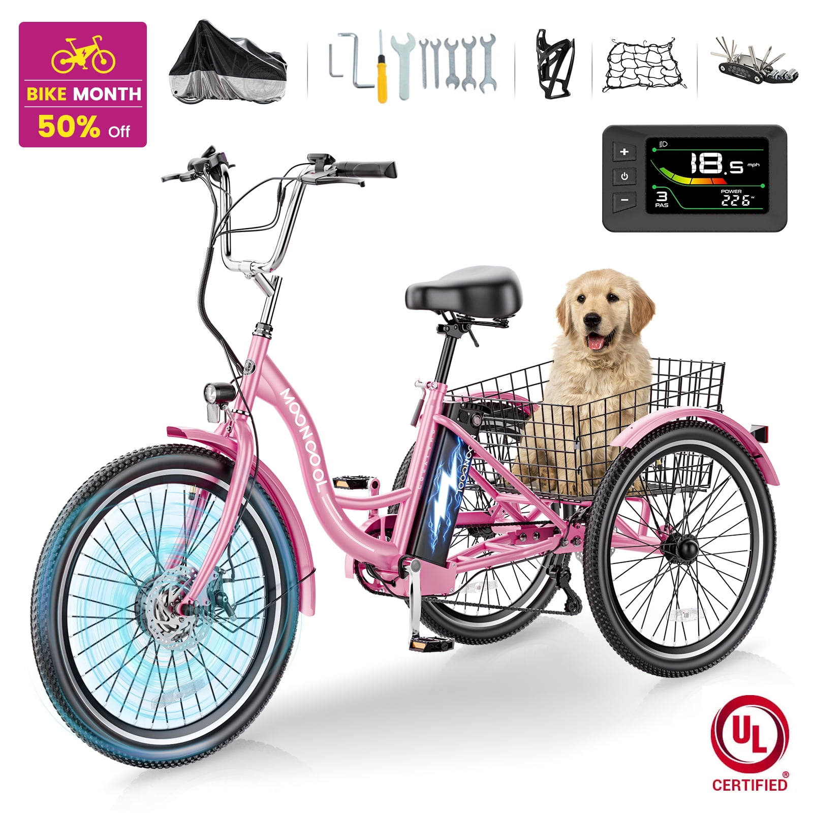 Mooncool 24" 26" 3 Wheel Electric Tricycle for Adults, 350W 36V 7 Speeds Motorized Electric ...