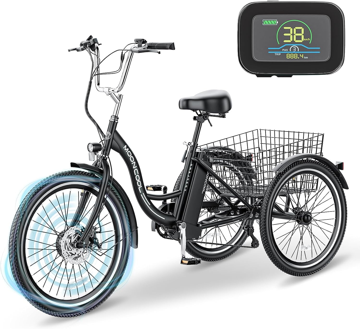 MOONCOOL Electric Tricycle for Seniors, 24"/26" E-Bike, 350W 36V 7 ...