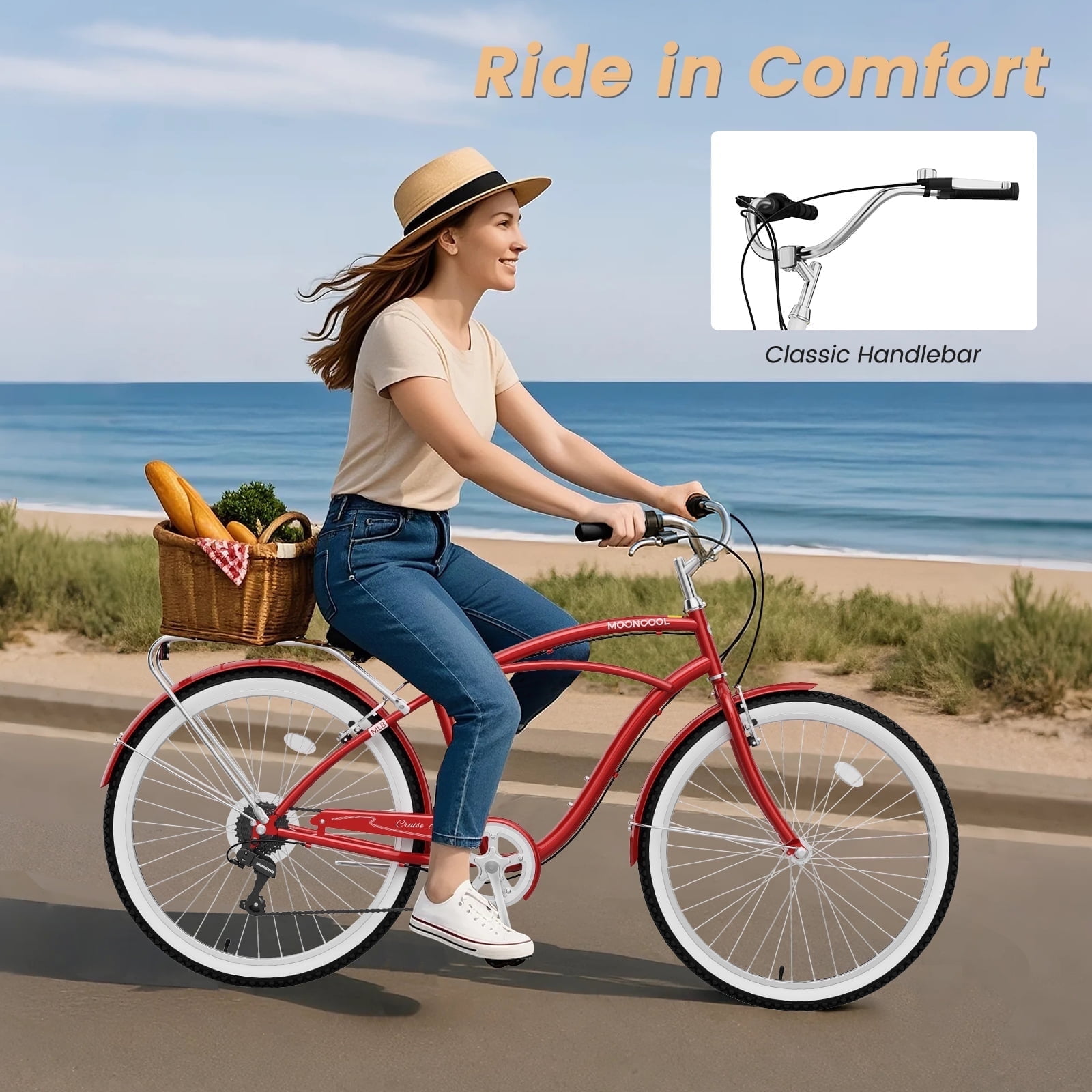 MOONCOOL 24/26 Inch 7 Speed Beach Cruiser Bike for Adults, Retro Step ...