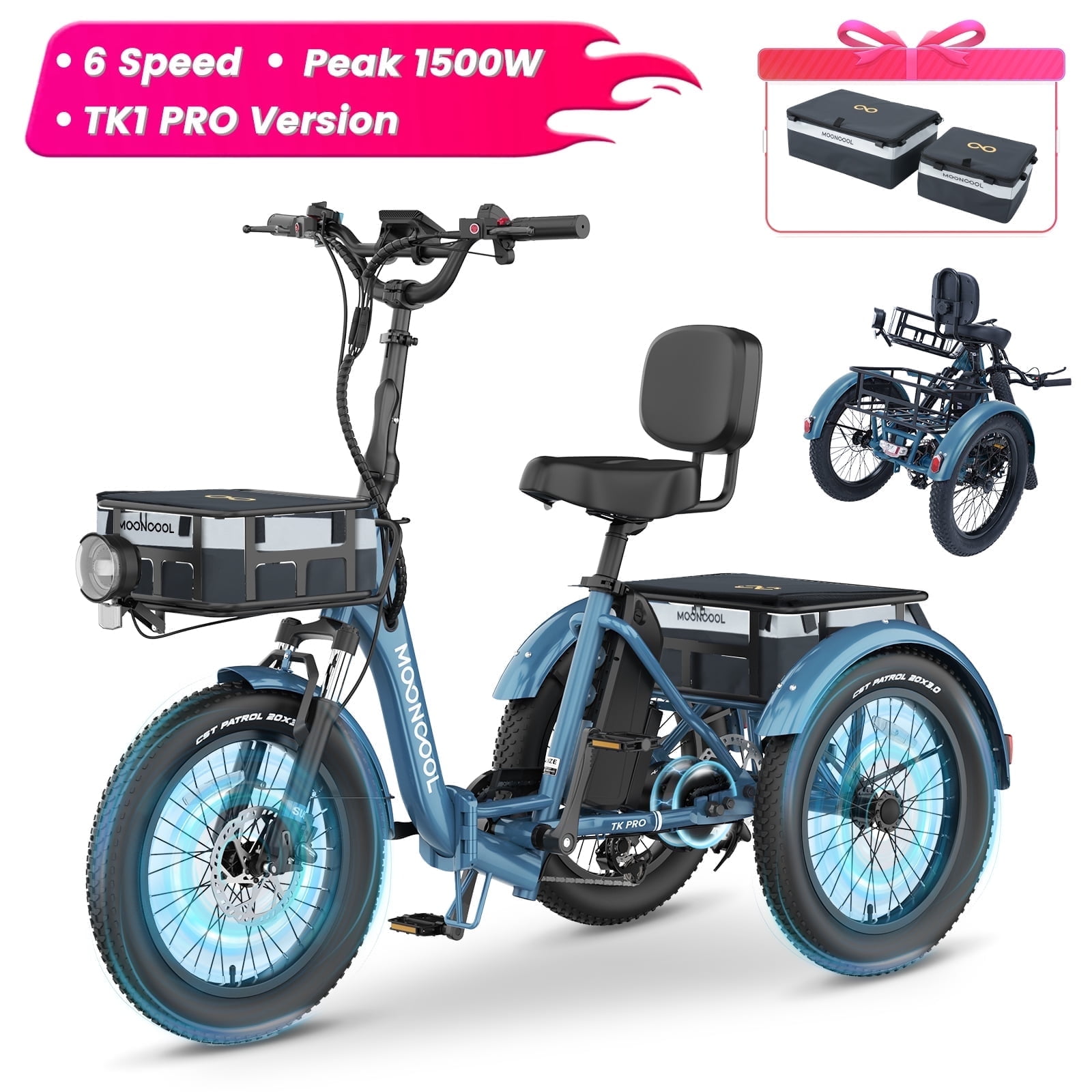MOONCOOL 750W Electric Mountain Tricycle for Adult w/Rack Bag,6 Speed ...