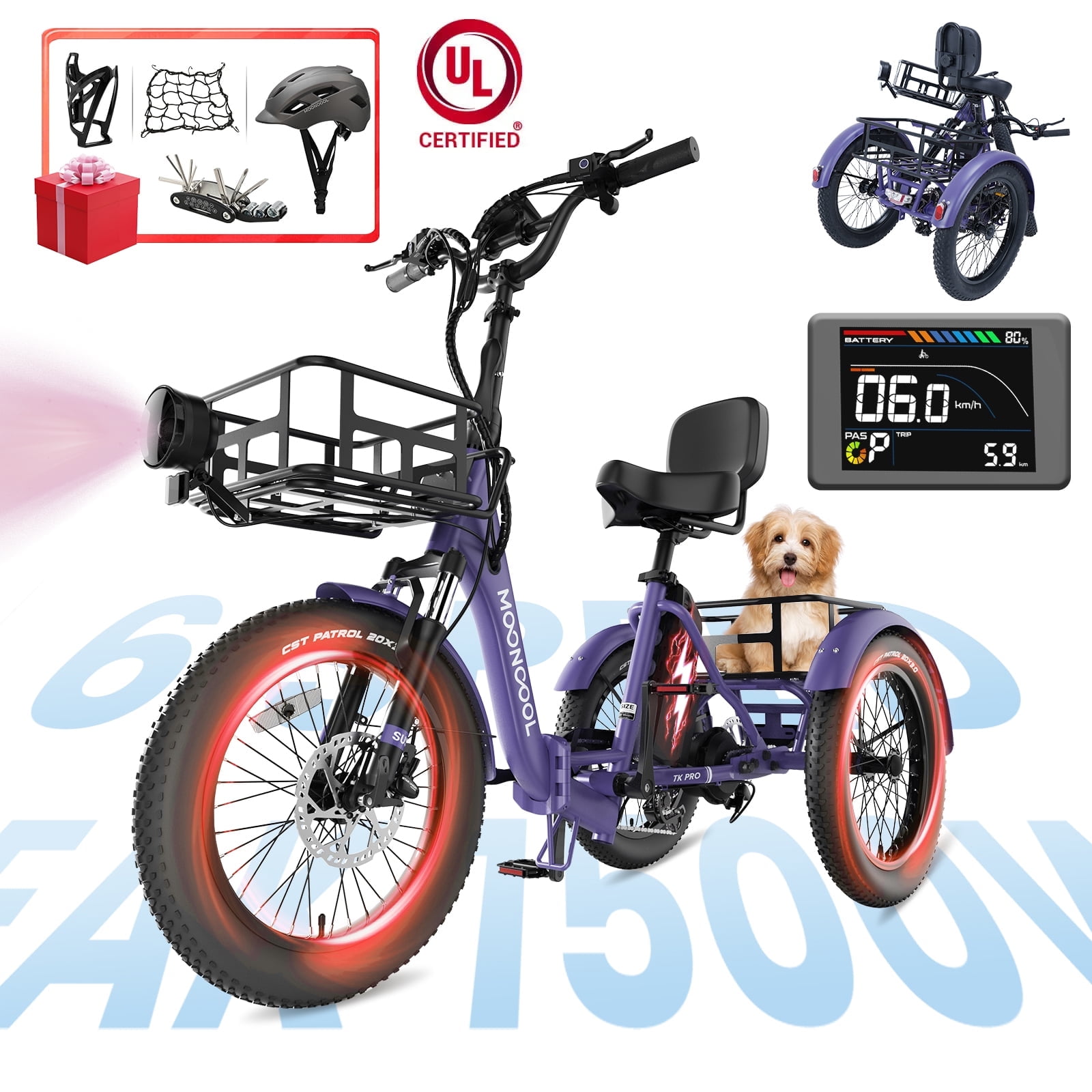 MOONCOOL 750W Foldable Electric Mountain Tricycle for Adult, 6 Speed ...