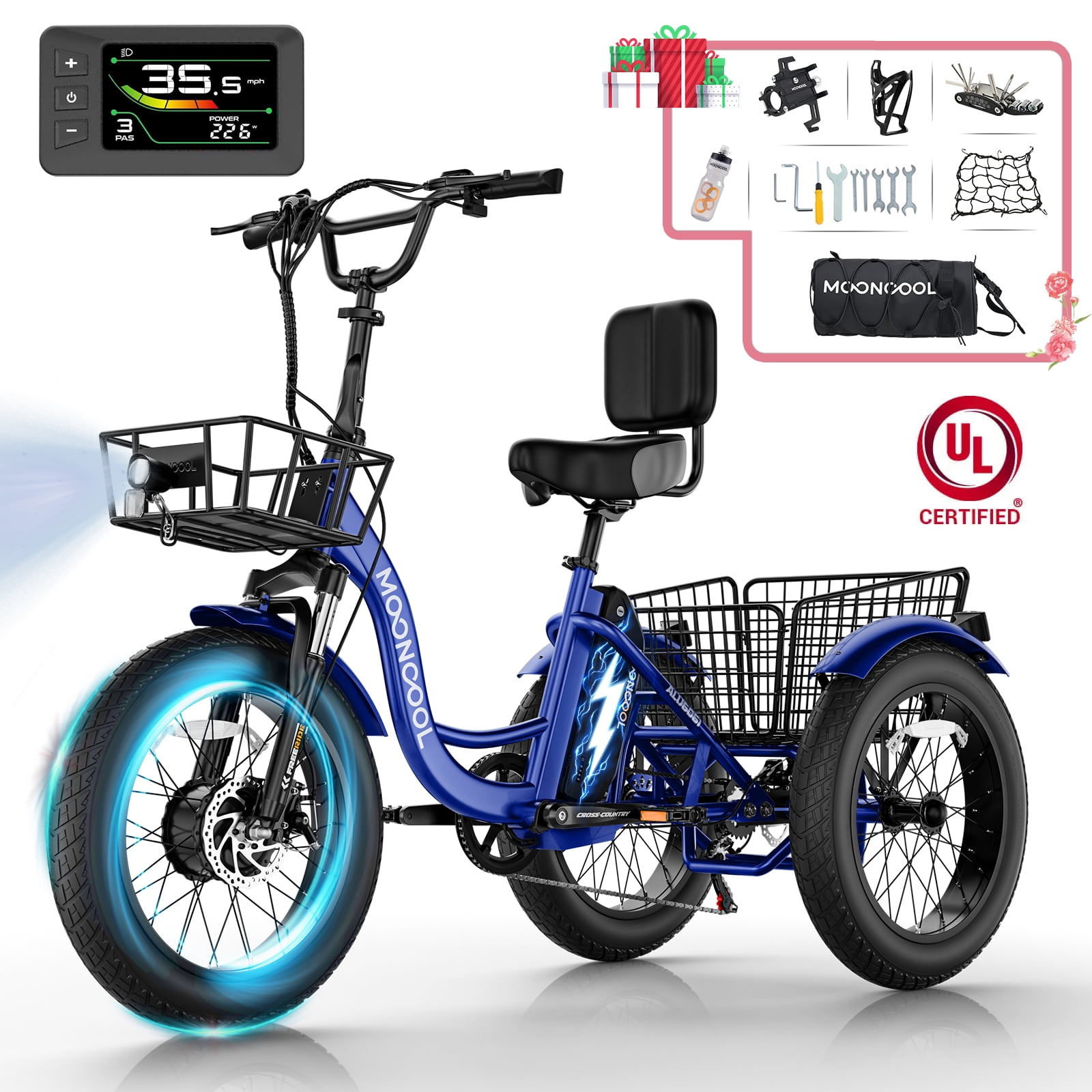 MOONCOOL 750W Motor Electric Tricycle for Adults, 7 Speed 20 x 4.0 Inch ...