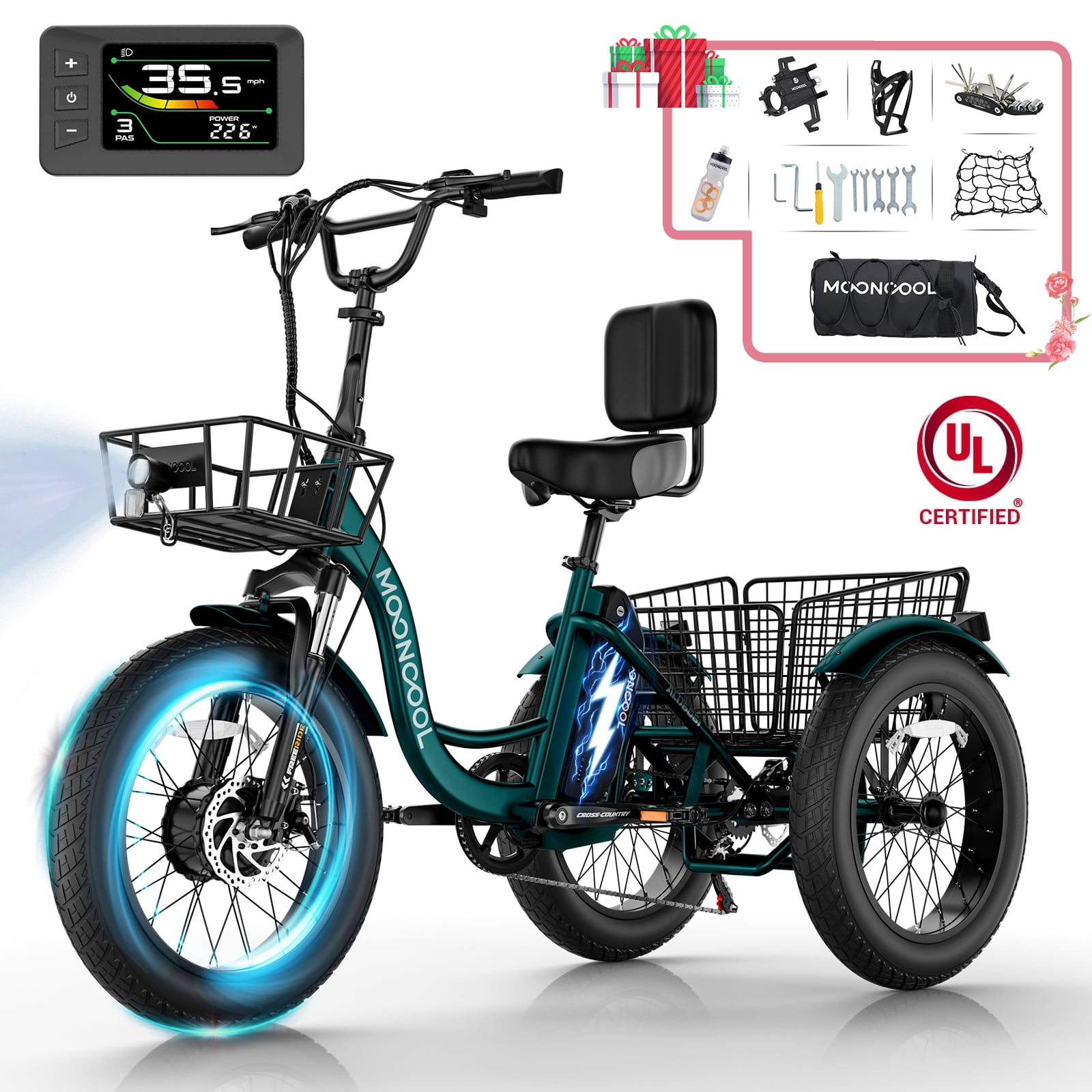 Slsy Adult E-Bike, 750W, 48V Battery, 7-Speed 20x4.0 Fat Tire Trike ...
