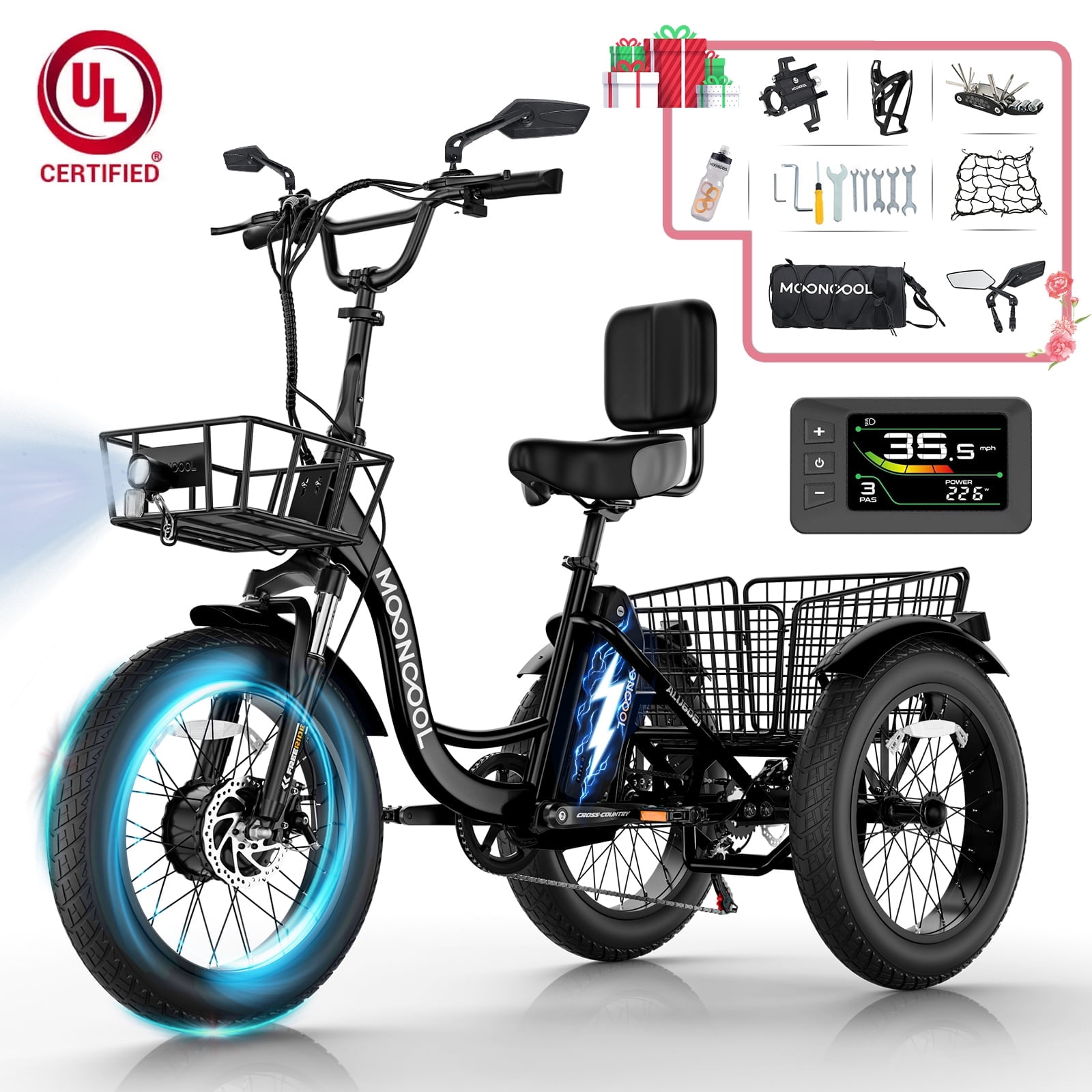MOONCOOL 500W Motor Electric Tricycle for Adults, 7 Speed 20 x 4.0 Inch ...