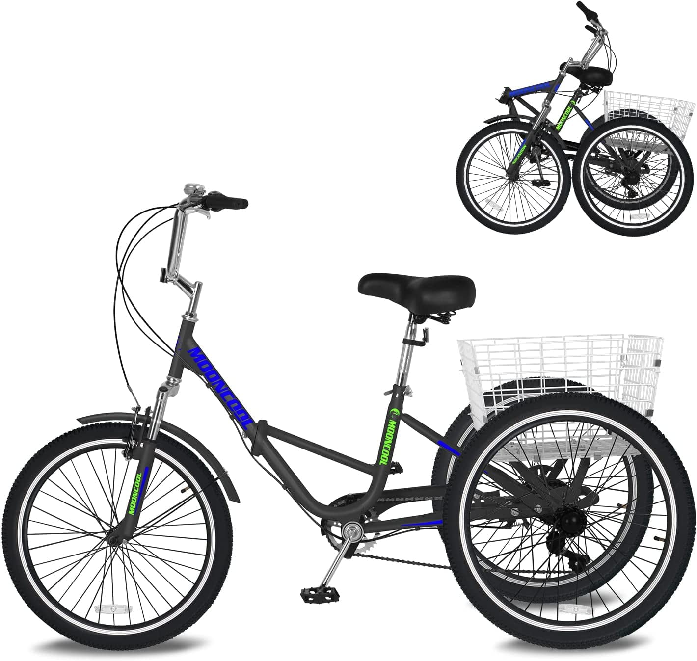 MOONCOOL 7-Speed Adult Folding Tricycle with Large Basket, 20/24/26 ...