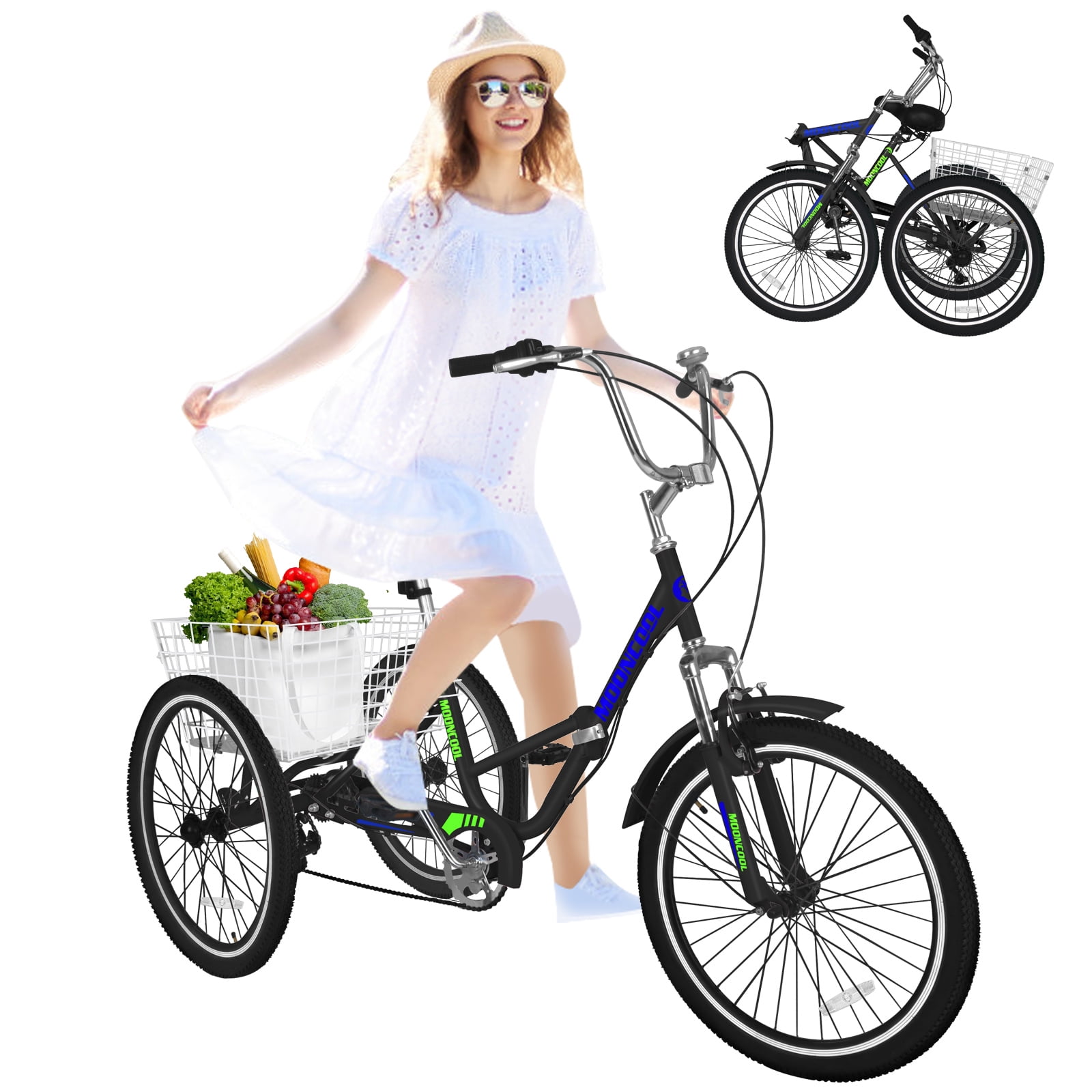 MOONCOOL Adult Folding Tricycle 7-Speed, 24 Inch 3 Wheels Cruiser Bike ...