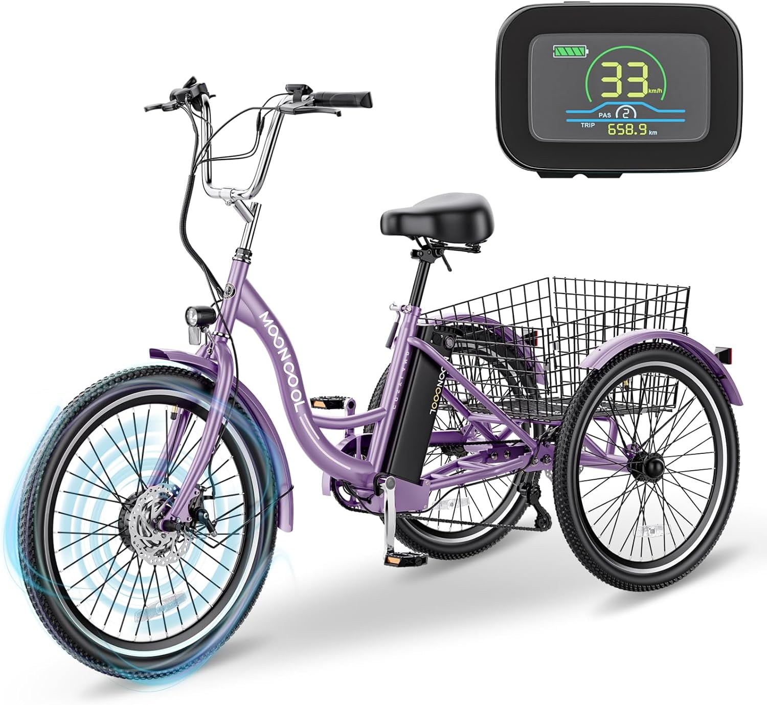 MOONCOOL 350W 36V Electric Tricycle-24 Inches, 7 Speeds, Cruiser E-Bike ...