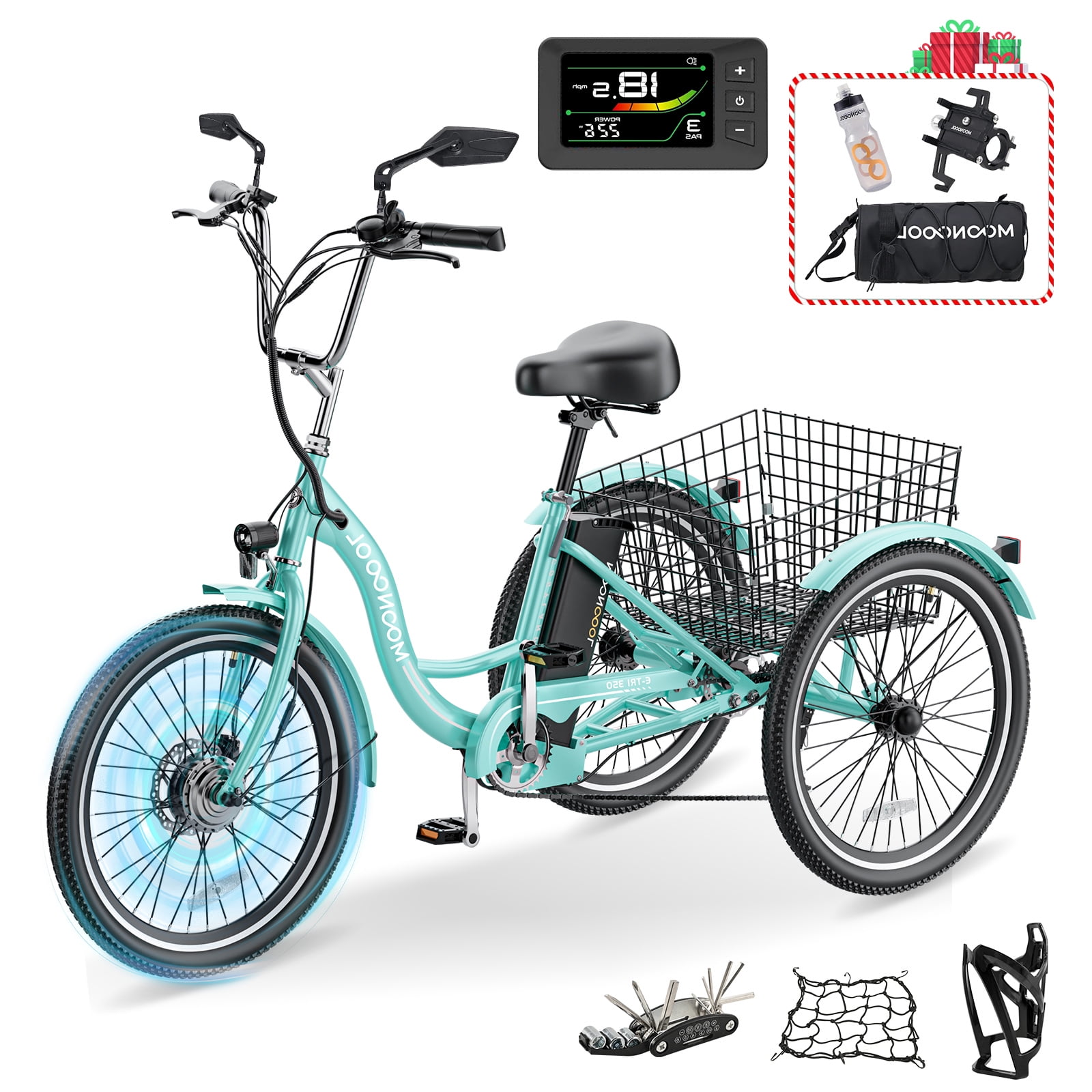 MOONCOOL Electric Tricycle w/ Tool Kits, 350W 36V 24 Inches 7 Speeds 3 ...