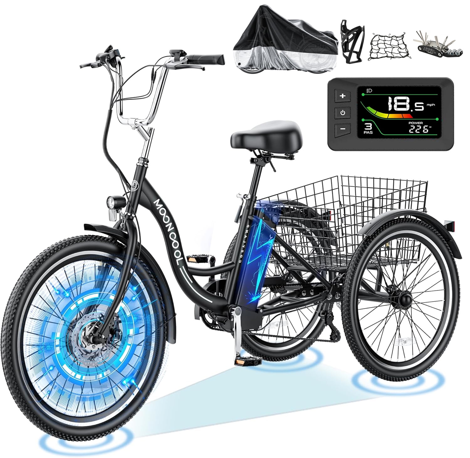 MOONCOOL 3-Wheel Electric Tricycle, 350W 36V, 26 Inches, 7 Speeds ...