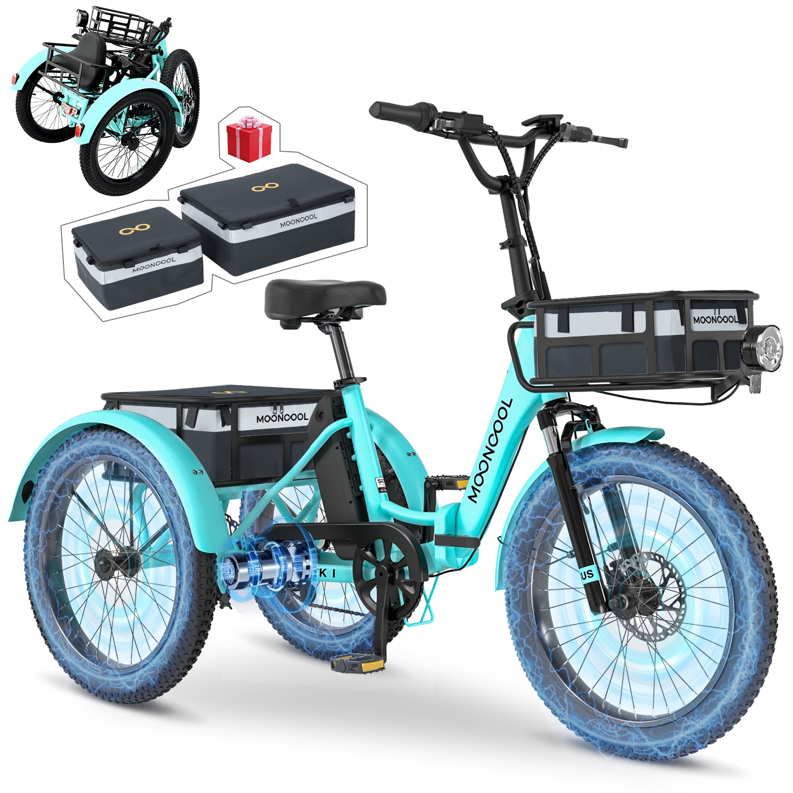 MOONCOOL TK1 Folding Electric Tricycle with Rack Bags, 750W Motor 48V ...
