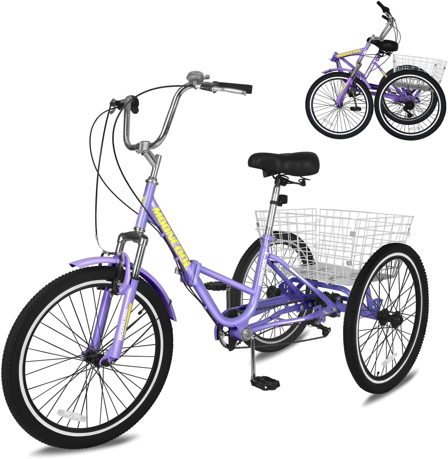 MOONCOOL 24/26 inch 7 Speed Three Wheel Bike Tricycle for Adults with ...