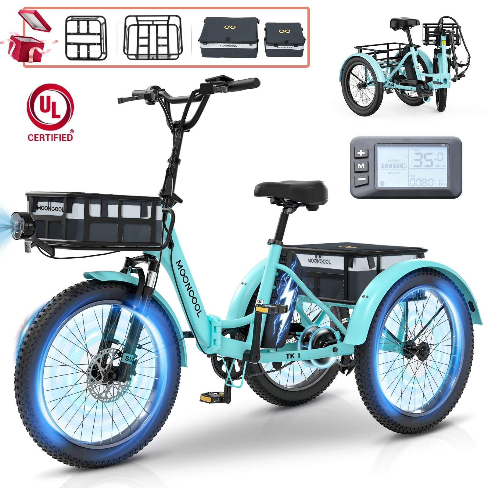 MOONCOOL TK1 20" Fat Tire Folding Electric Tricycle w/ Rack Bags, 750W Motor 48V Foldable Ebike ...