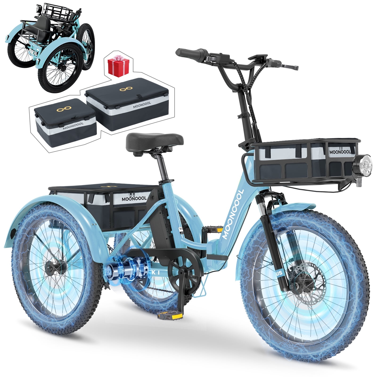 MOONCOOL TK1 Folding Electric Tricycle with Rack Bags , 750W Motor 48V ...