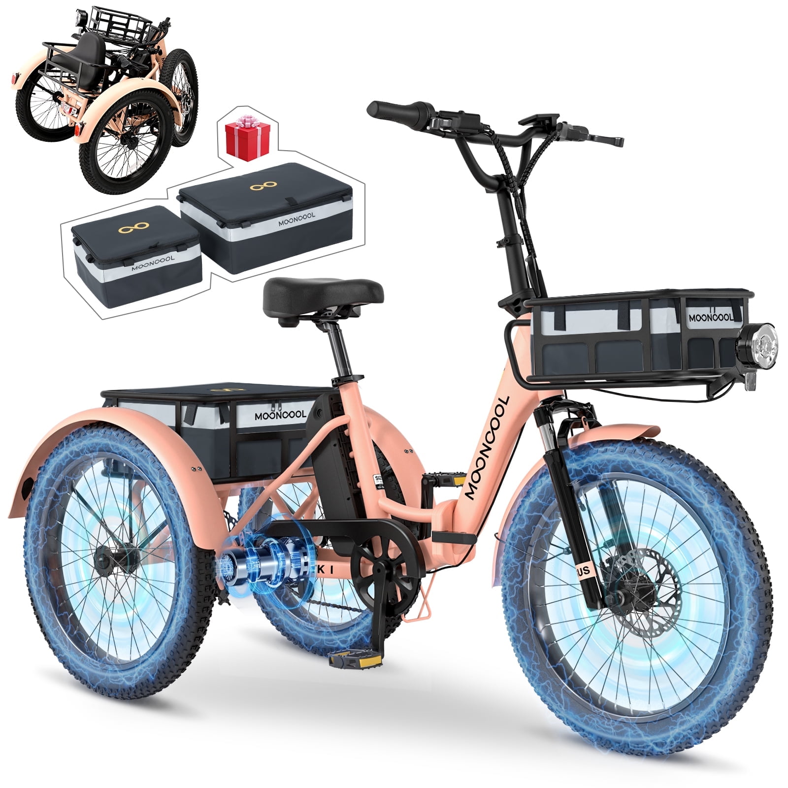 MOONCOOL TK1 Folding Electric Tricycle with Rack Bags , 750W Motor 48V ...