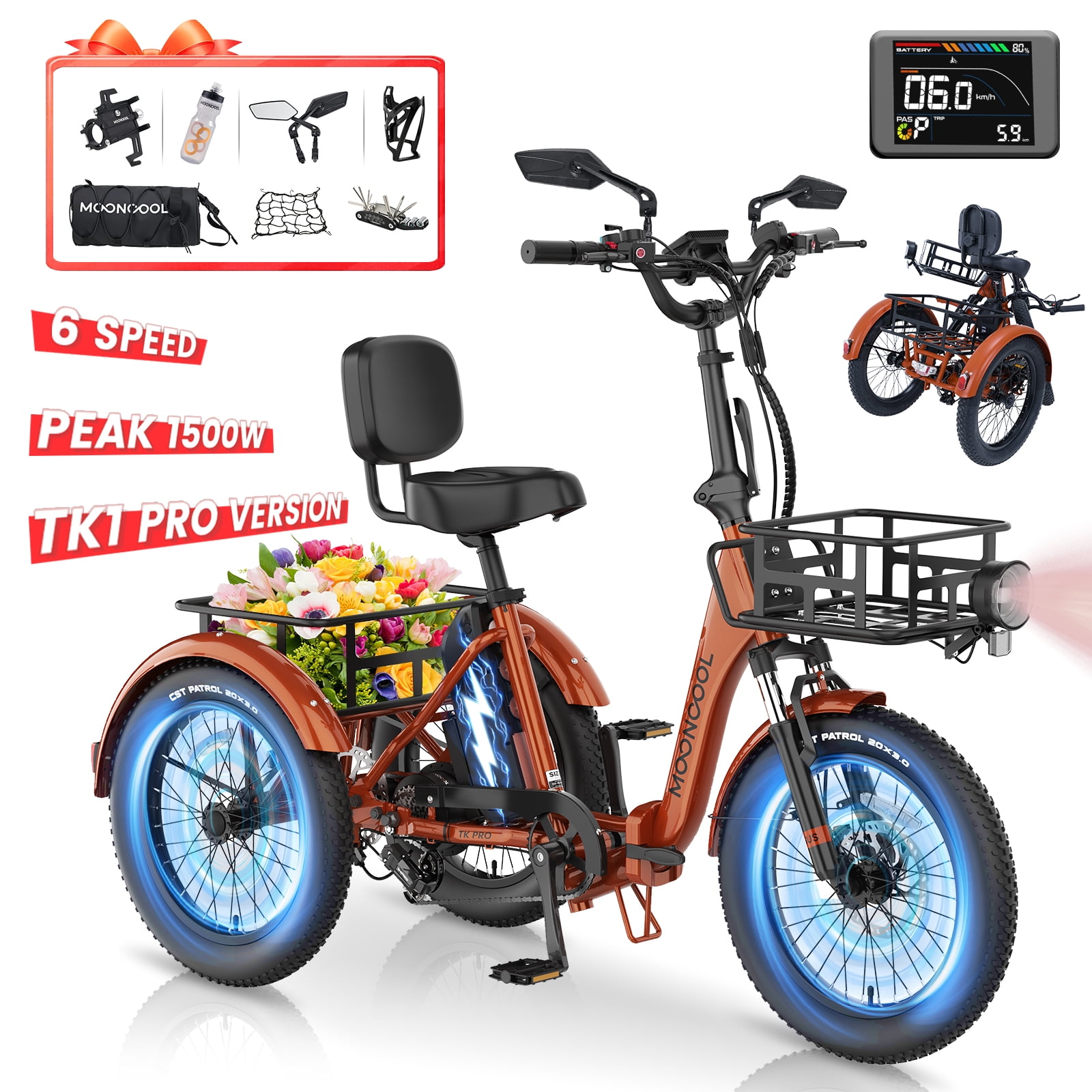 MOONCOOL TK1 PRO Folding Electric Mountain Tricycle, 750W Motor, 48V 6 ...