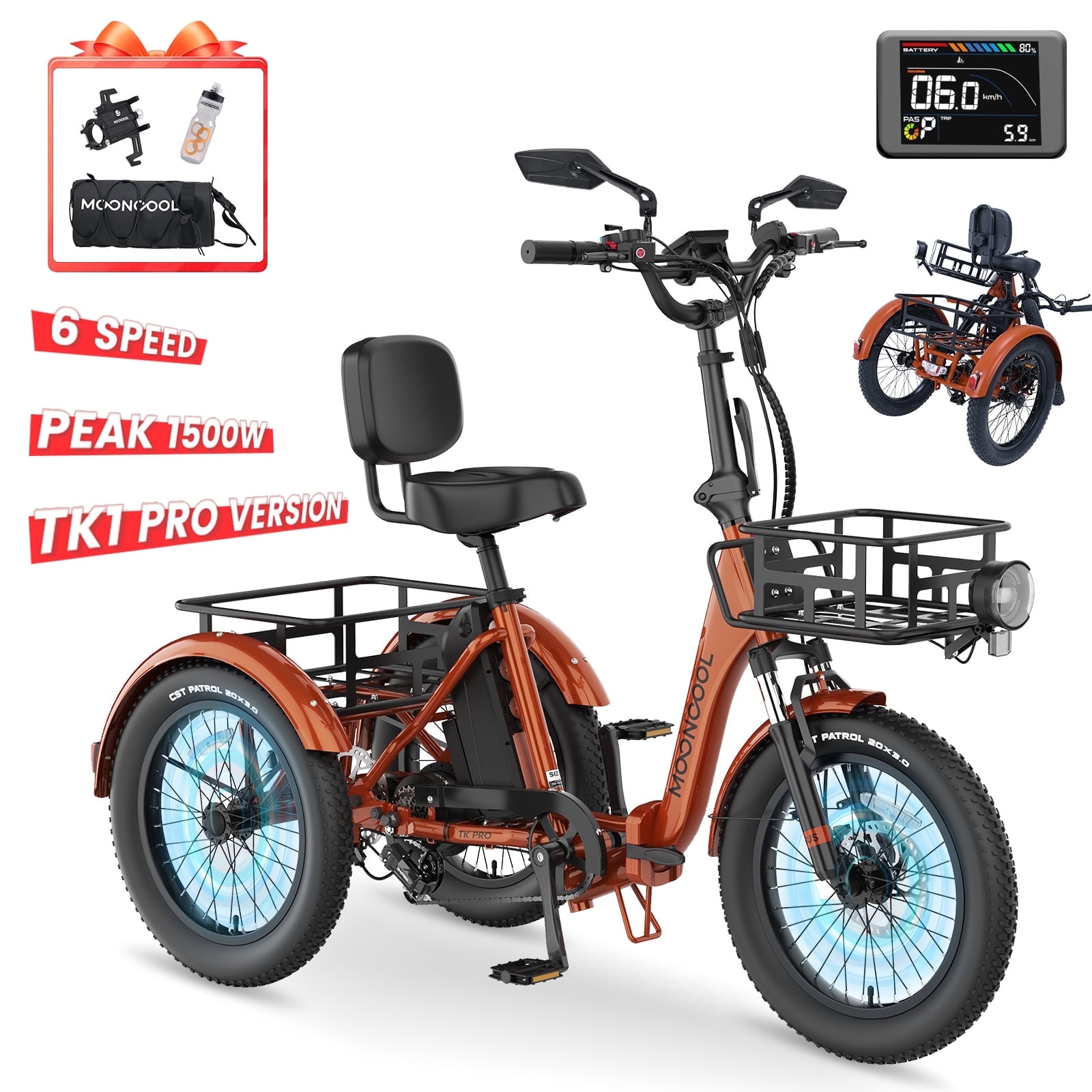 MOONCOOL TK1 PRO Folding Electric Mountain Tricycle, 750W Motor, 48V 6 ...
