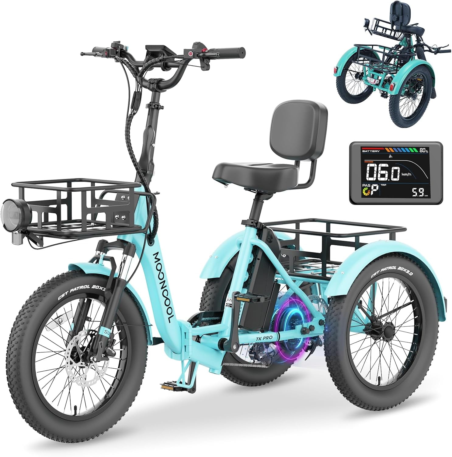 MOONCOOL TK1 PRO Folding Electric Tricycle, 750W Motor 48V 6 Speed Foldable Ebike Electric Trike ...