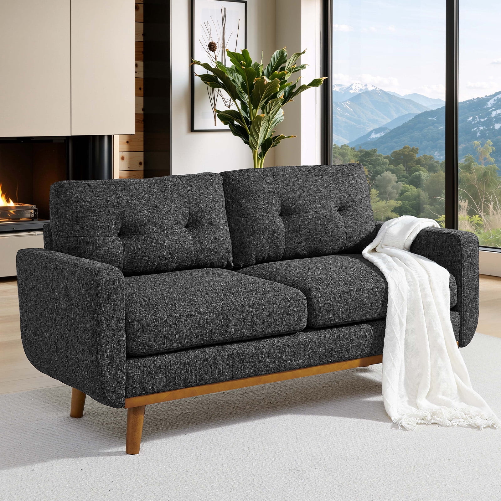 MOONMISS 67" Velvet Loveseat Couch, Modern Small Sofa With Walnut Wood ...