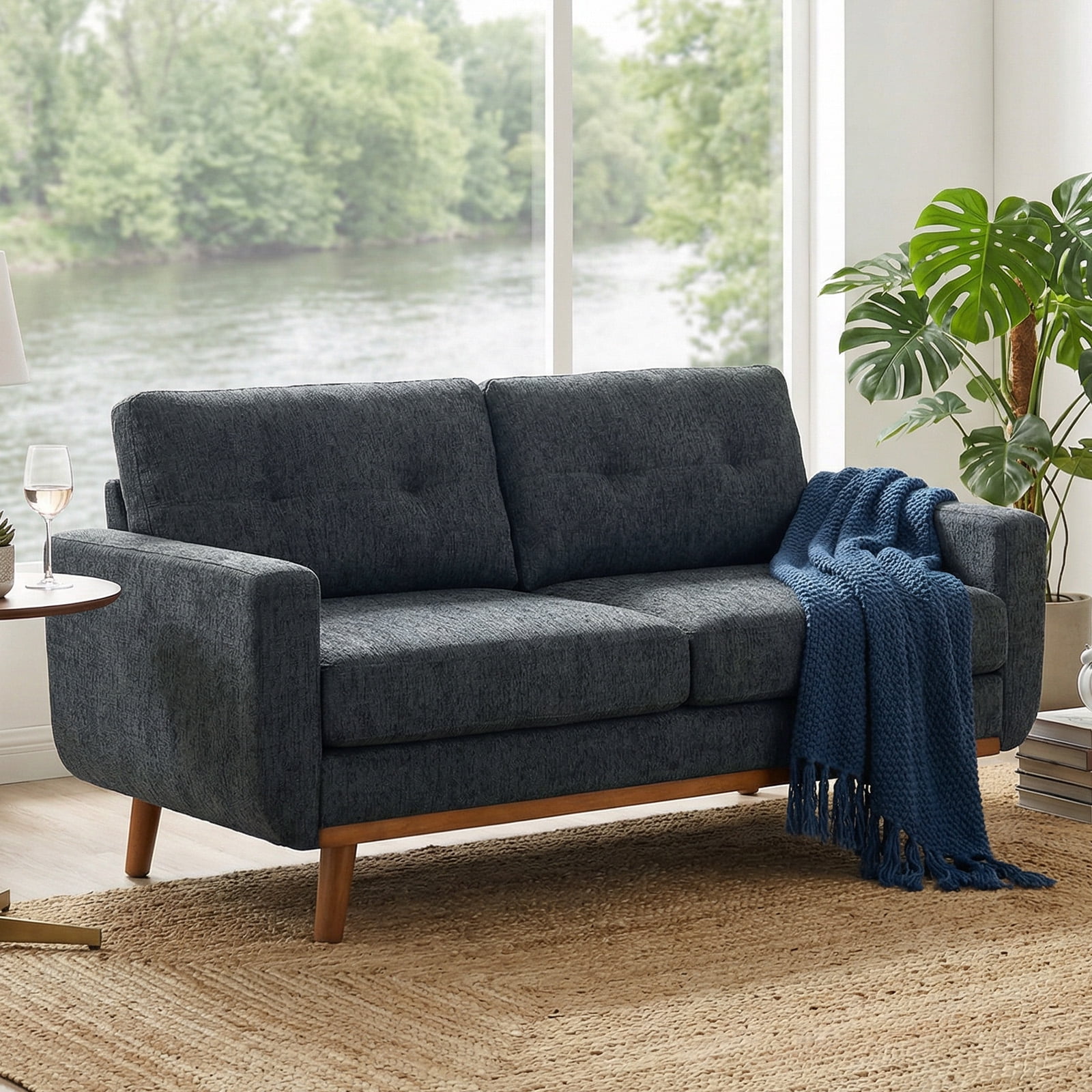 MOONMISS 67" Velvet Loveseat Couch, Modern Small Sofa With Walnut Wood ...