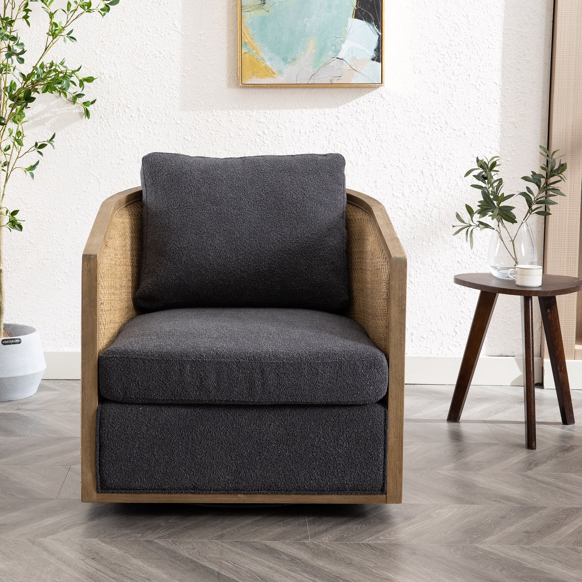 Moon&Miss Boucle Upholstered Swivel Barrel Chair with Hardwood and ...