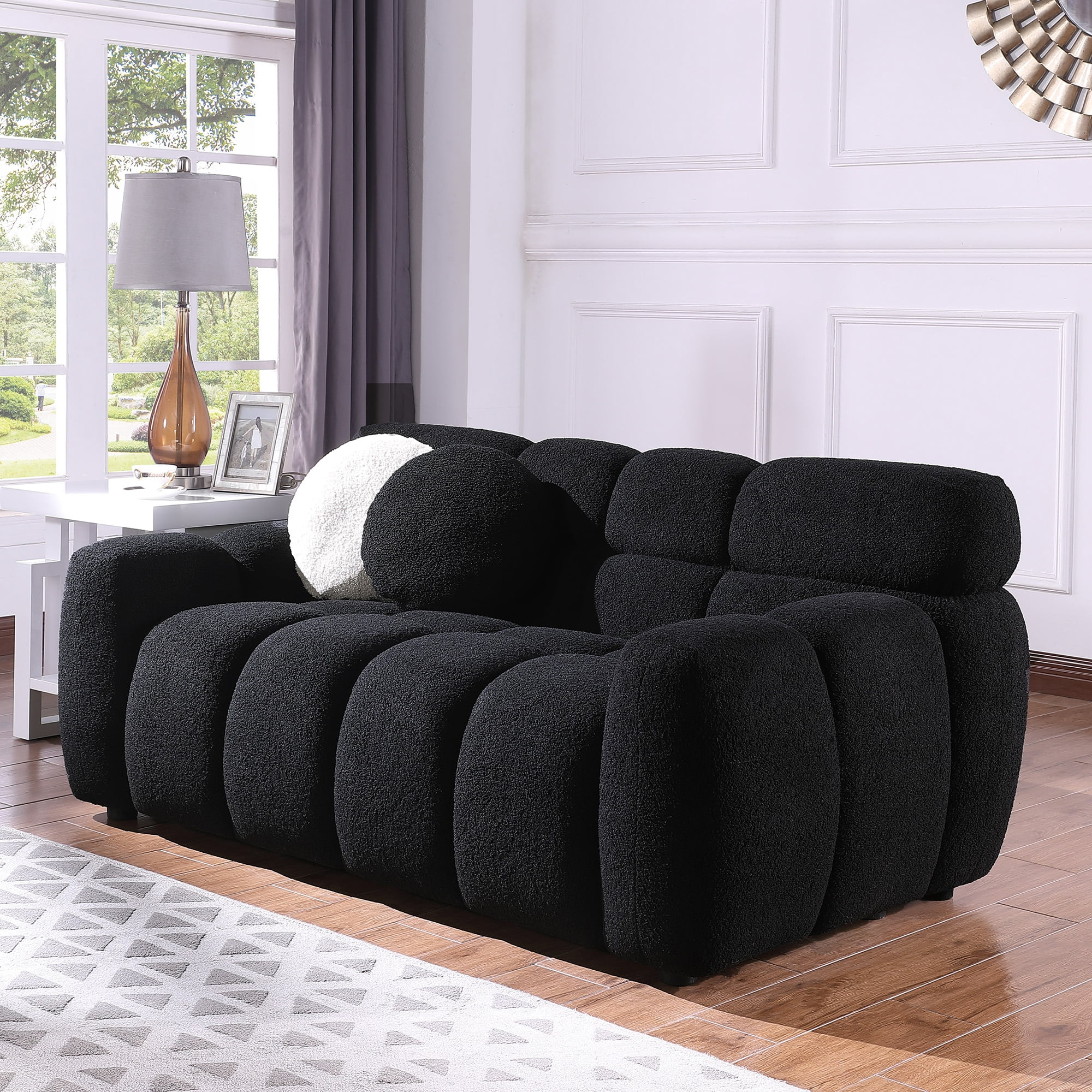 MOONMISS Boucle Upholstered Tufted Wood Frame Marshmallow Loveseat Sofa ...