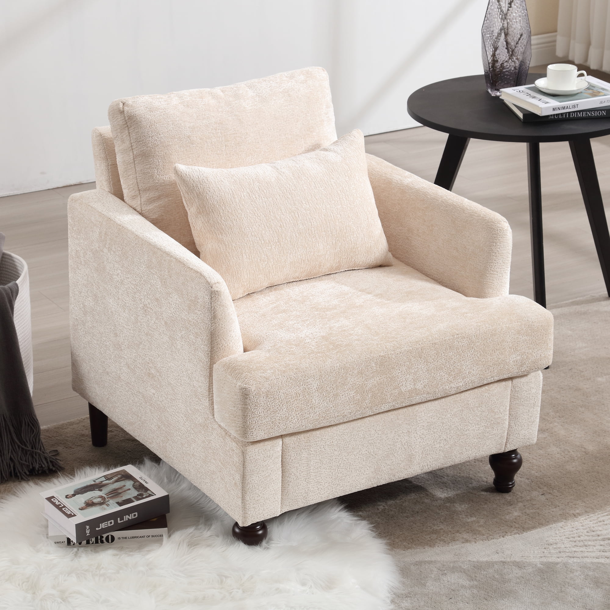 MOONMISS Chenille Upholstered Mid Century Modern Wood Frame Armchair ...