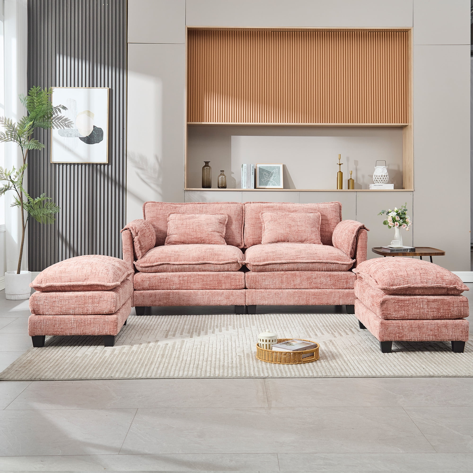 MOONMISS Chenille Upholstered Wood Frame Detachable Armrests Loveseat Sofa with 2 Ottomans-Pink ...