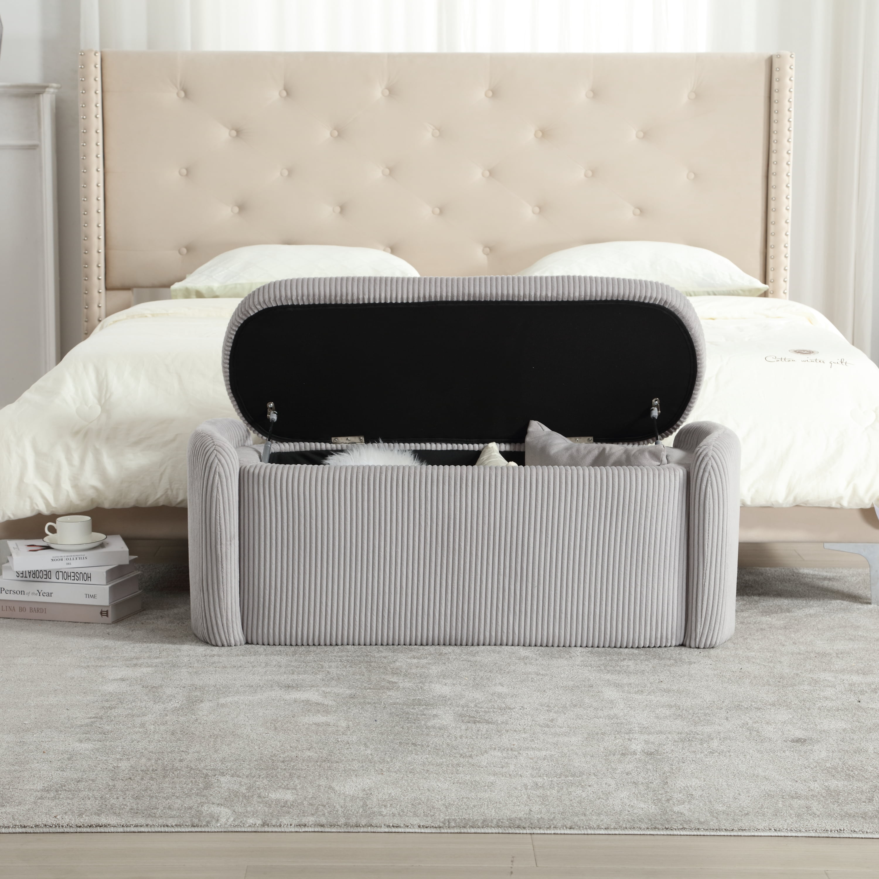 Moon&Miss Light Gray Corduroy Upholstered Storage Ottoman Bench with ...