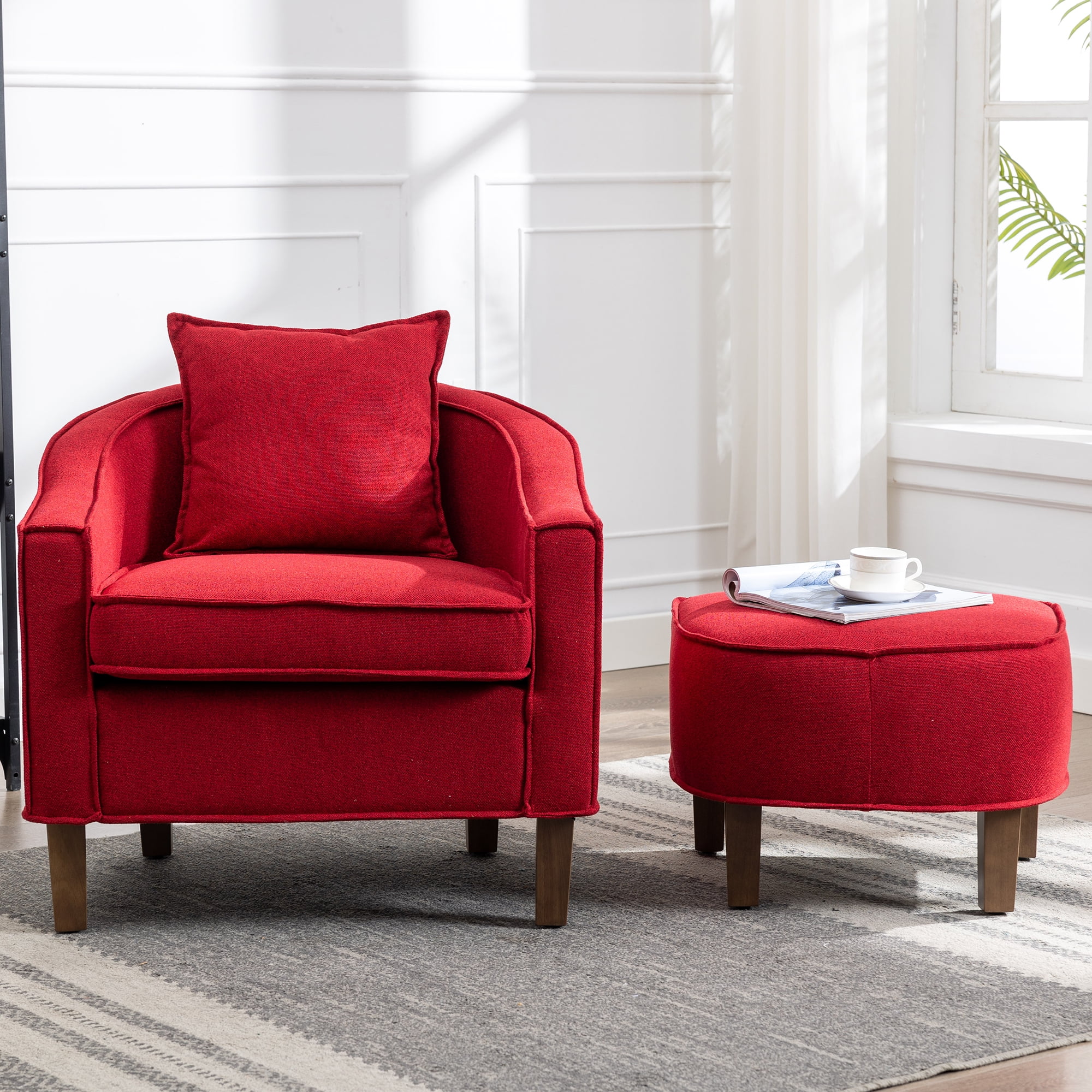 MOONMISS Linen Upholstered Mid Century Modern Barrel Chair with Ottoman ...