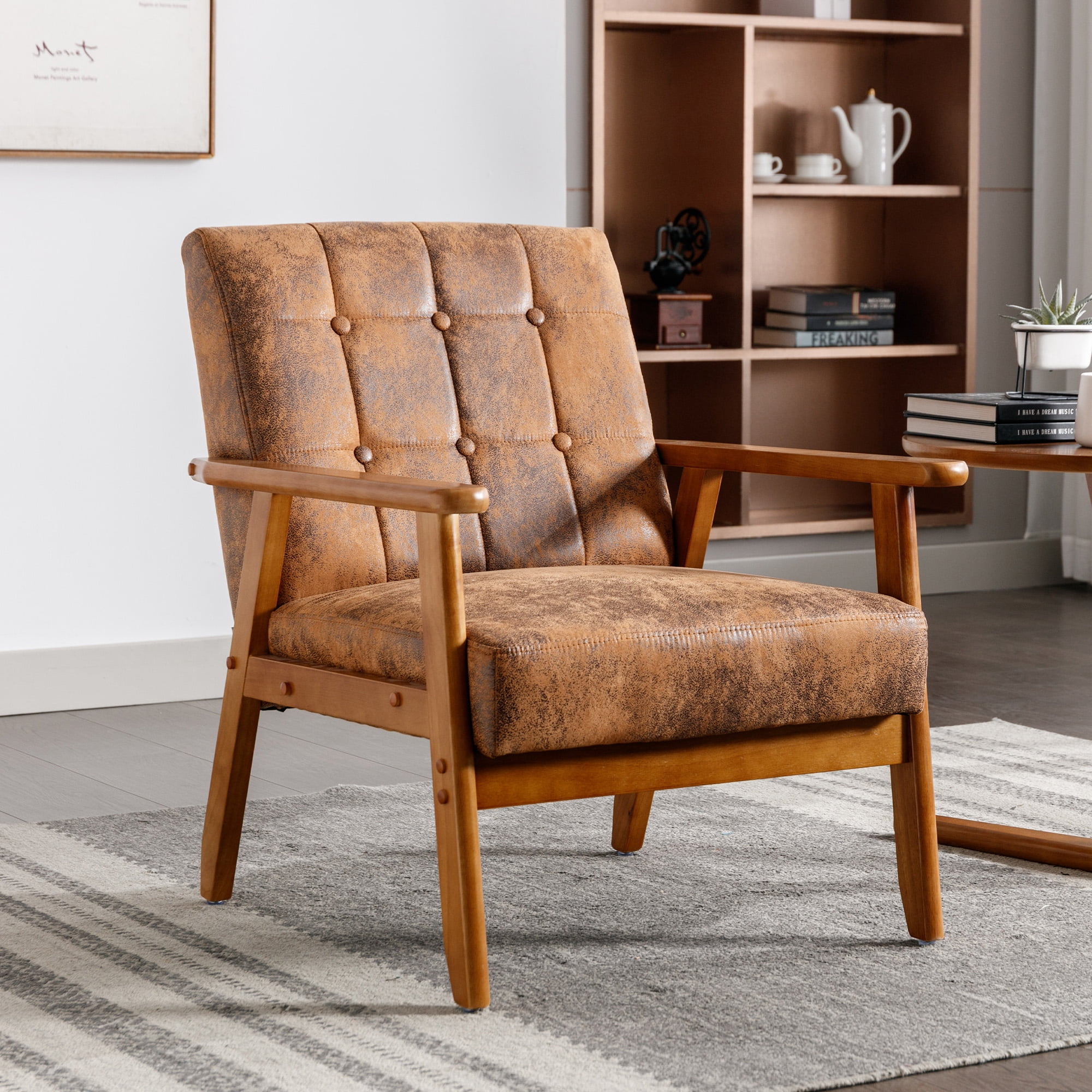 MOONMISS Mid Century Modern Arm Chair with Rubber Wood Frame, Accent ...