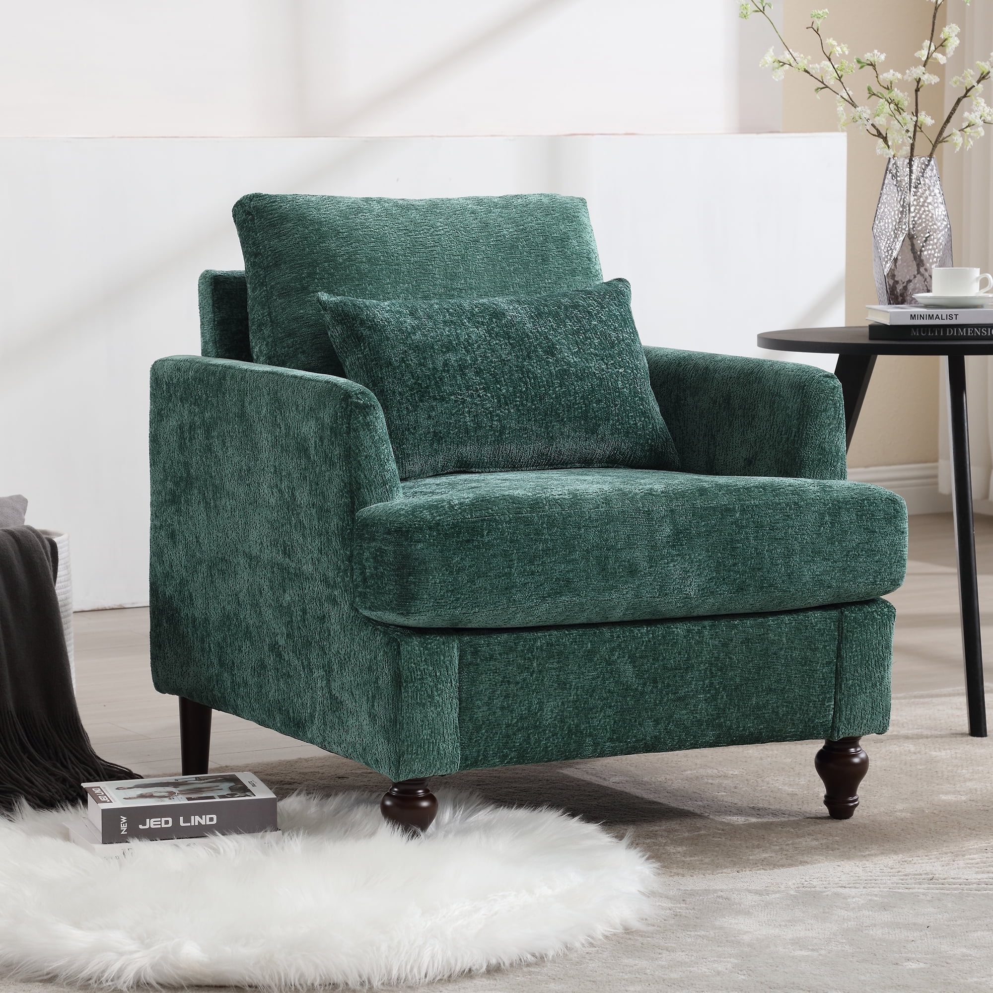 MOONMISS Modern Accent Chair, Wood Frame Upholstered Chenille Arm Chair ...
